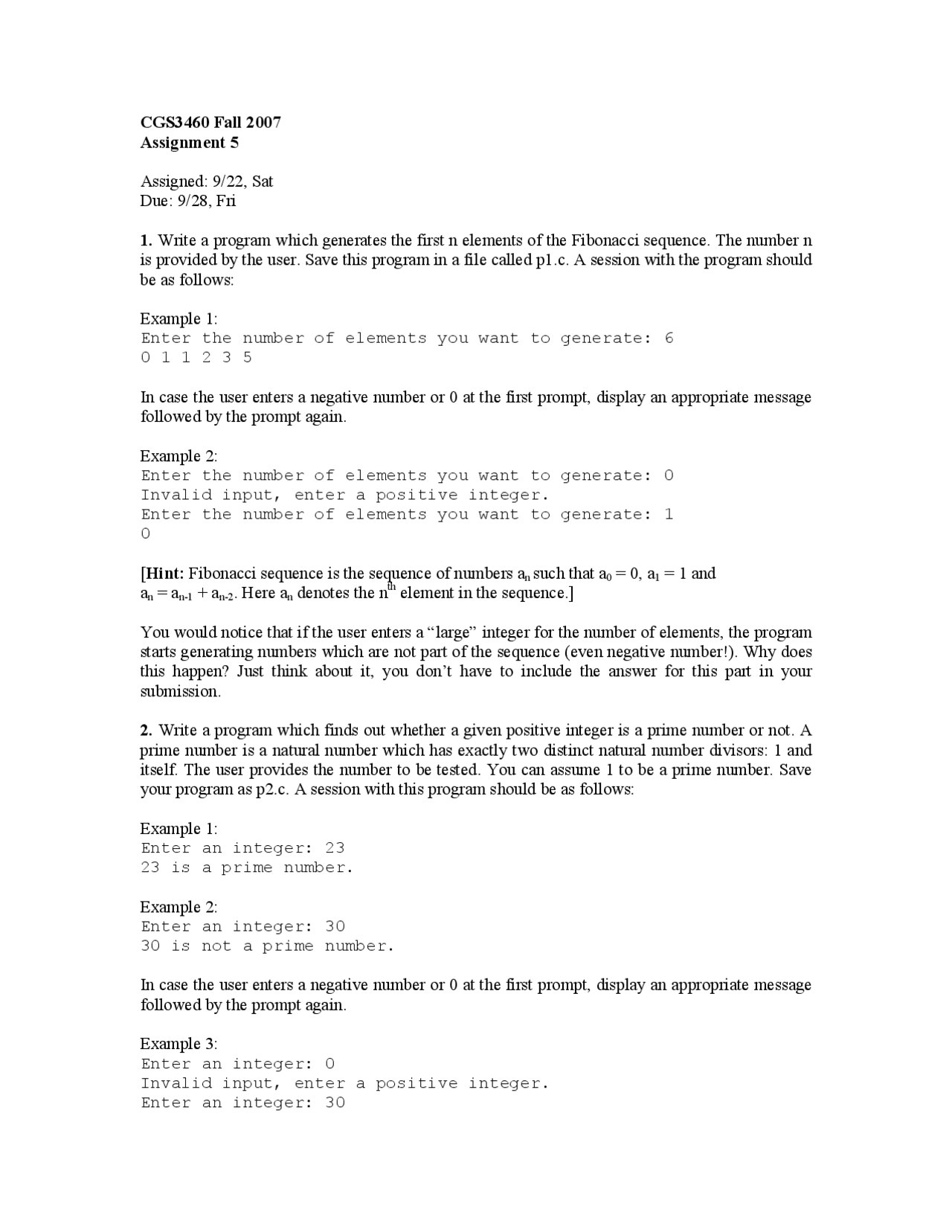 Programming Using C Homework 5 Cgs 3460 Docsity