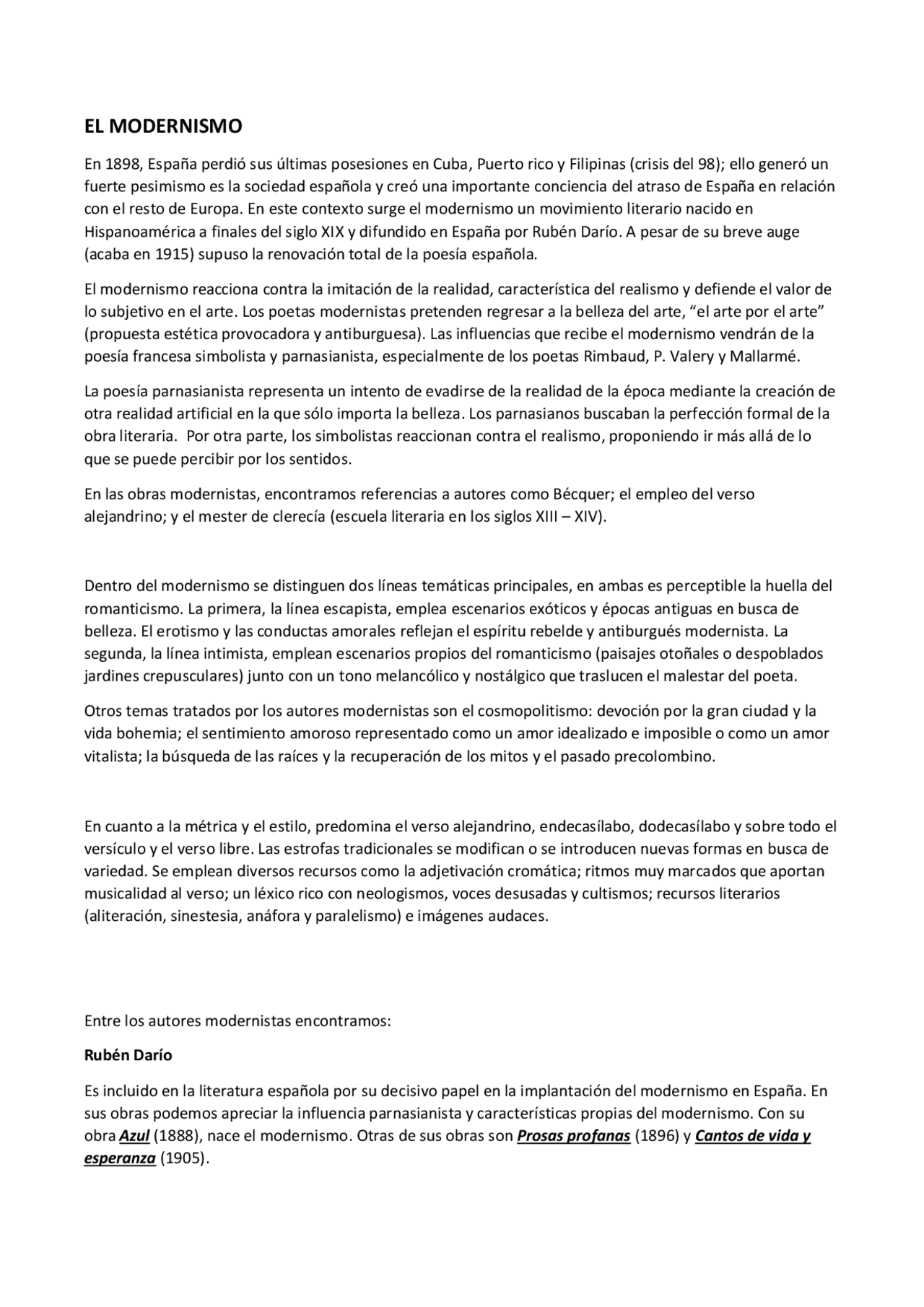 Tema de literatura sobre el Modernismo - Docsity