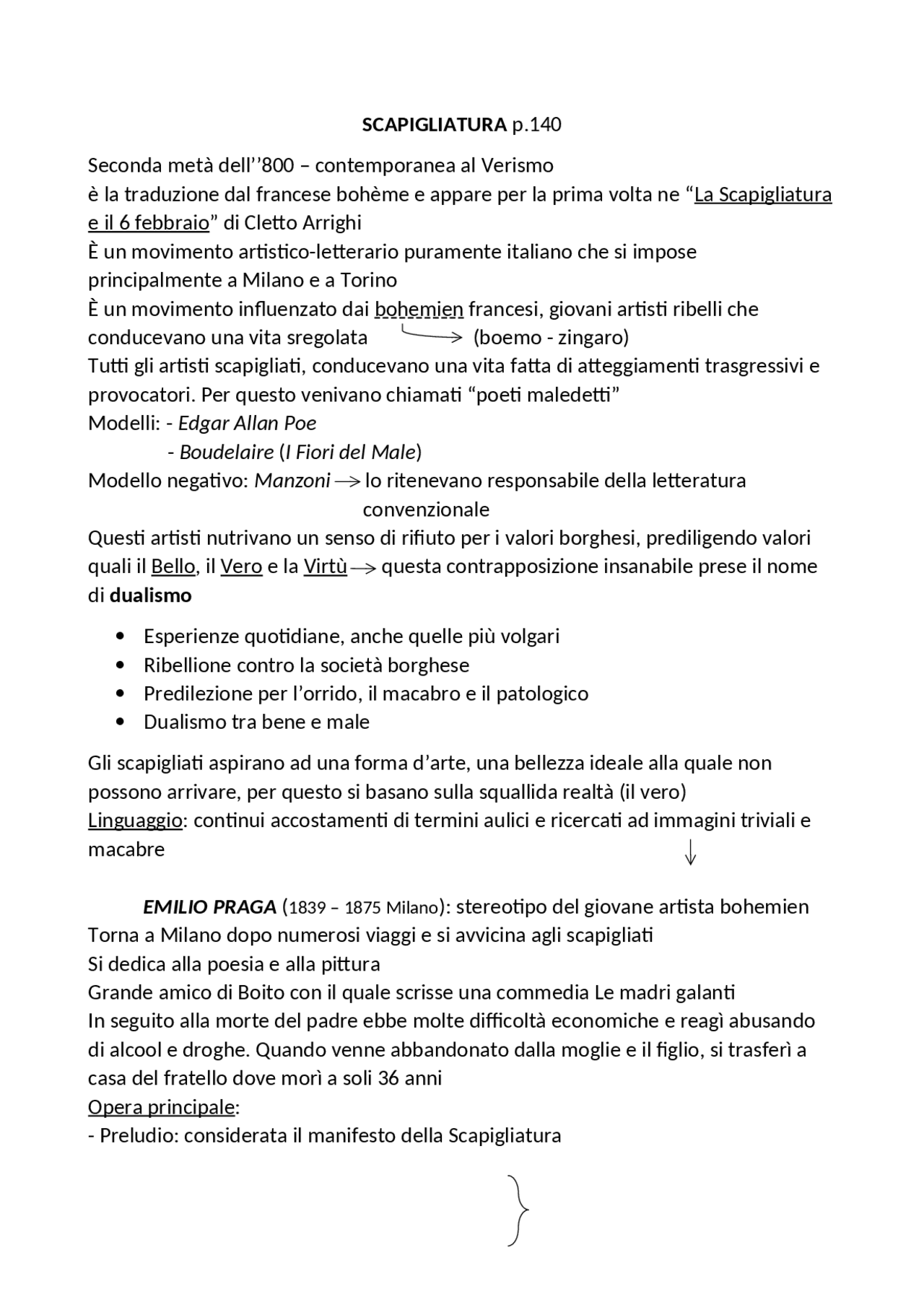 LETTERATURA ITALIANA: la scapigliatura e il classicismo | Appunti di Italiano | Docsity