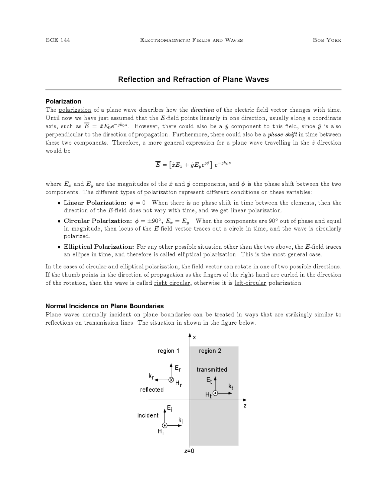 Electromagnetic Fields And Waves Reflection And Refraction Of Plane