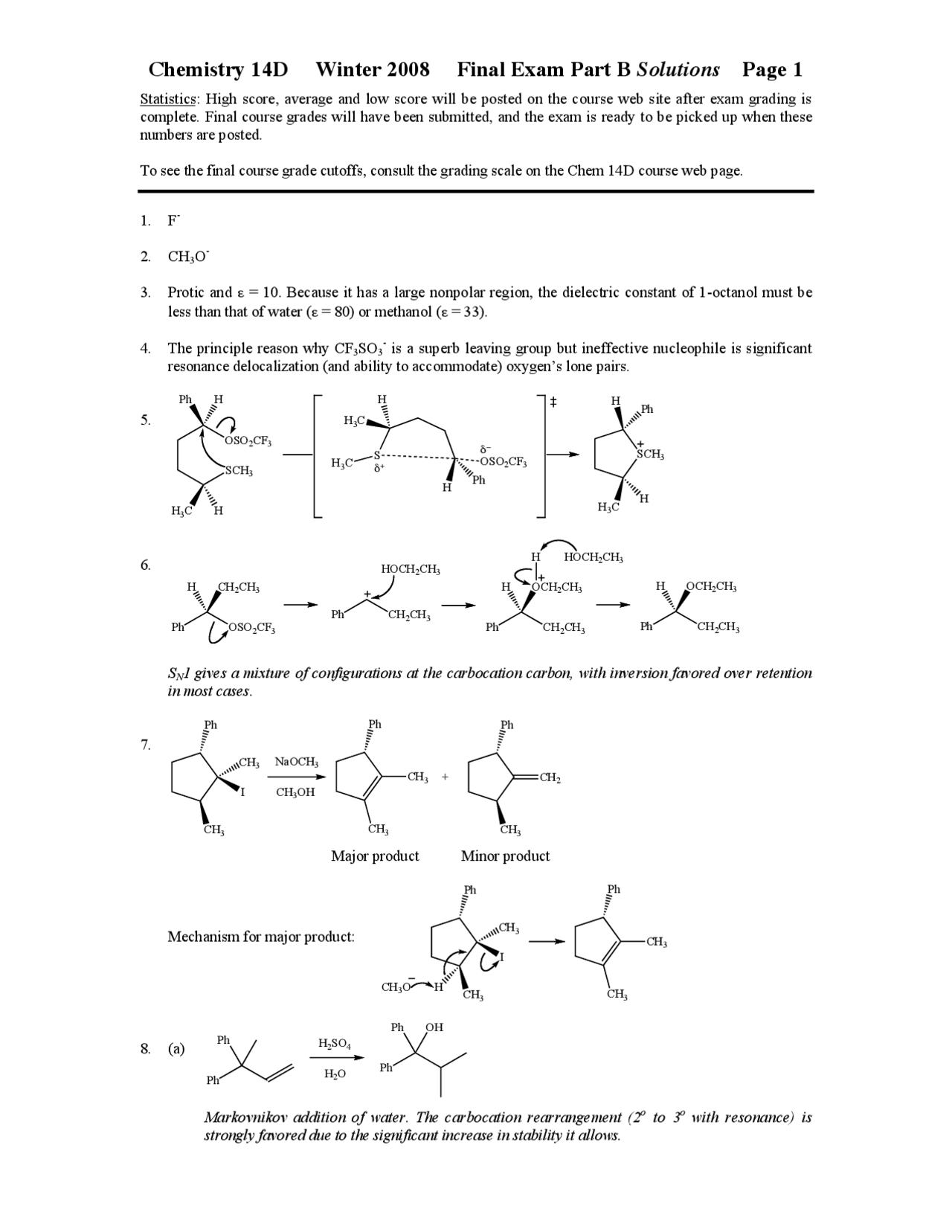 Organic Chemistry Final Exam with Solutions | Part B | CHEM 14D - Docsity