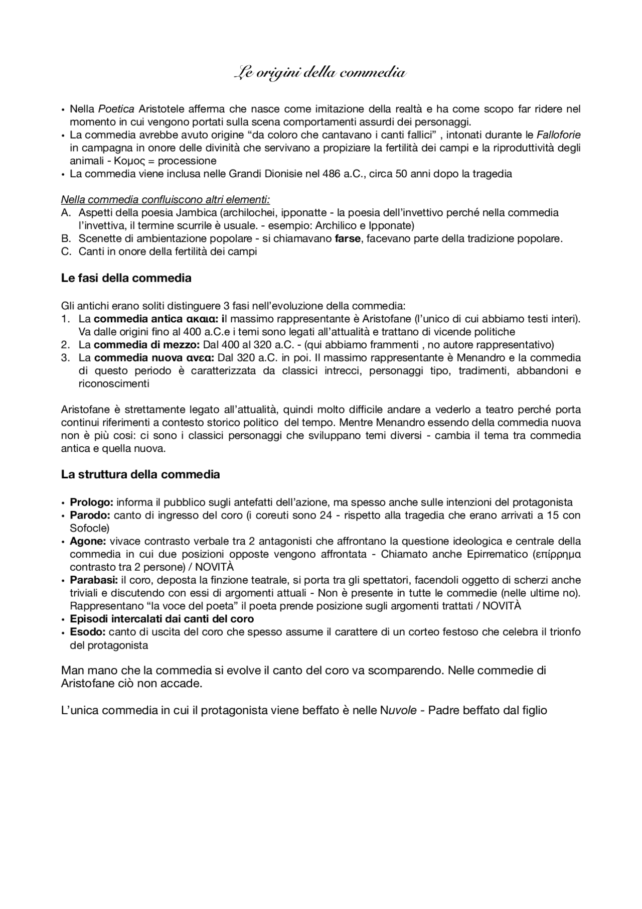 La commedia greca - le fasi e la struttura - Docsity