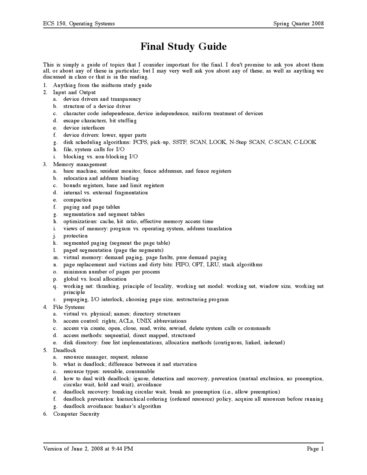 Final Study Guide for Operating Systems | ECS 150 - Docsity