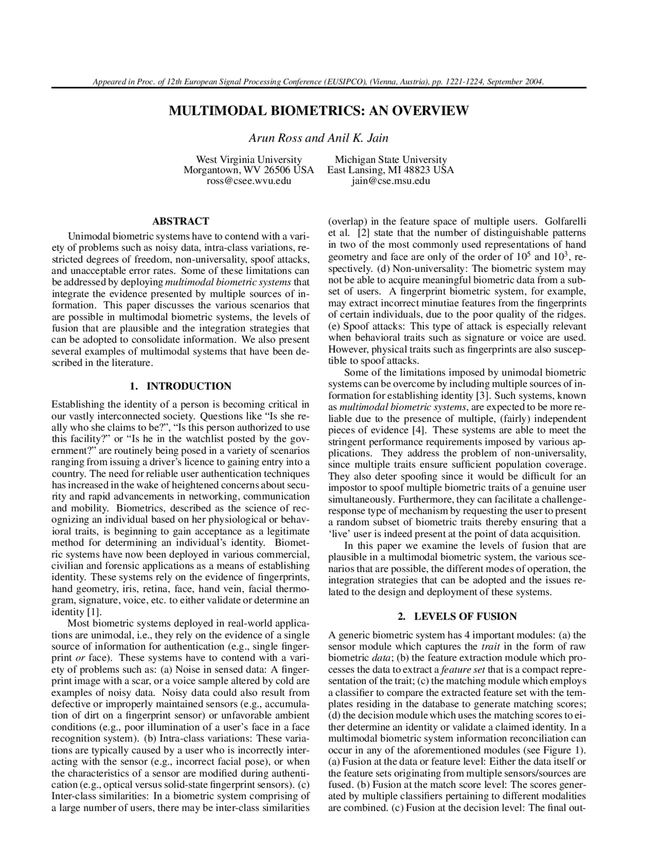 Biometric Systems Multimodal Biometrics Overview Biom 693 Docsity