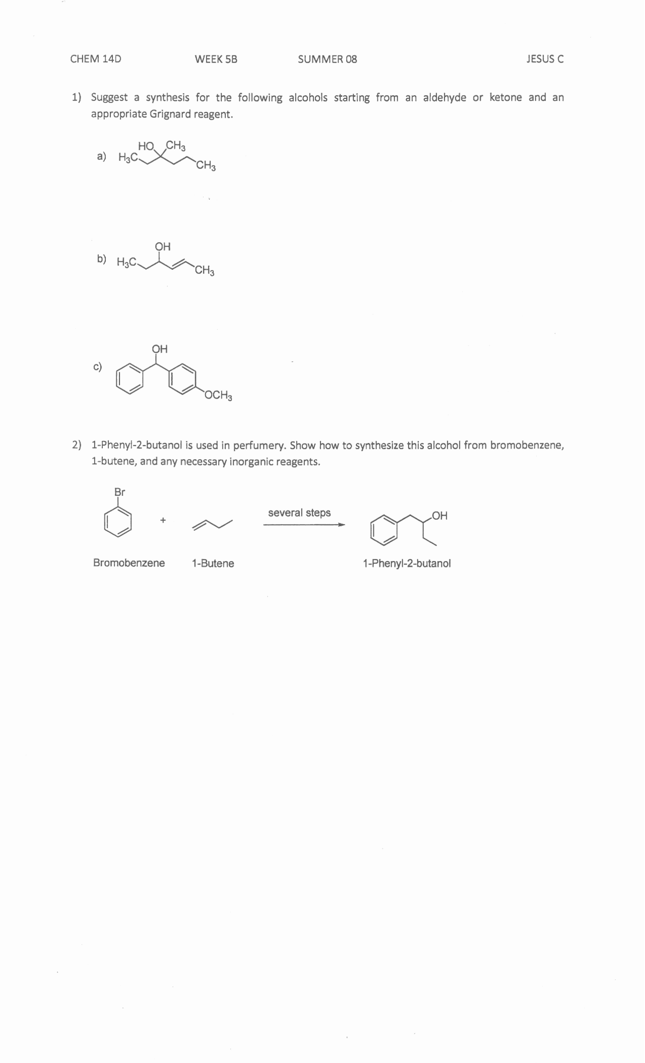 Organic Chemistry Practice Exam: 4 Exercises to Solve | CHEM 14D - Docsity