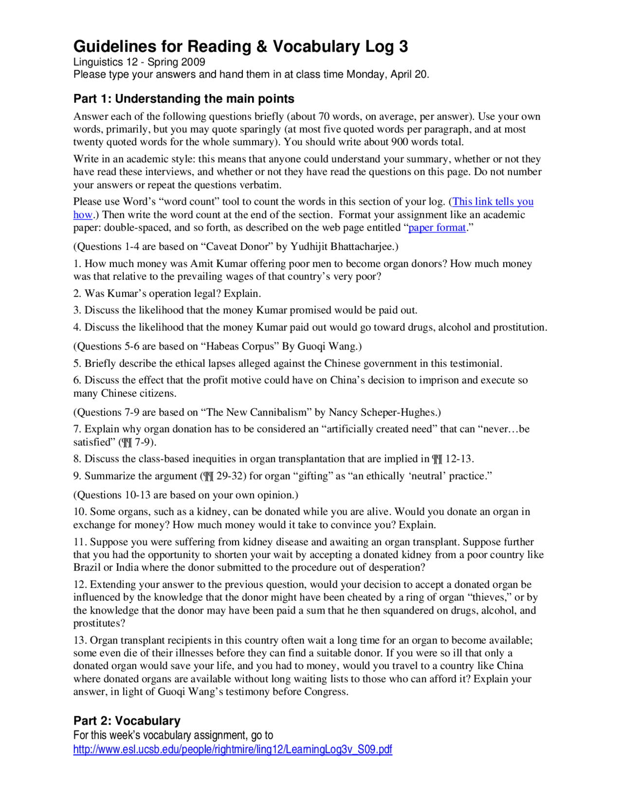 Guidelines for Reading & Vocabulary Log 3 | LING 12 - Docsity