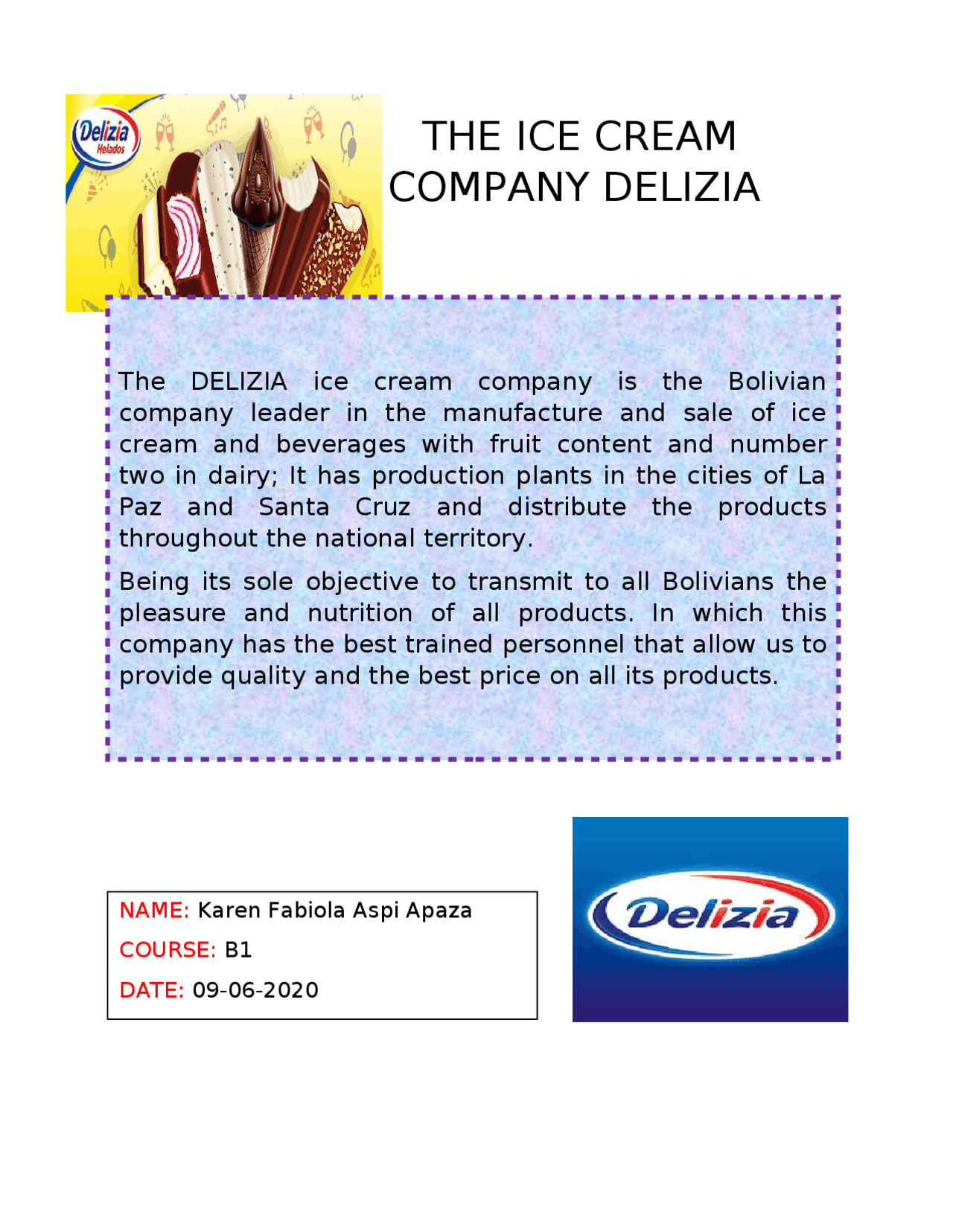 THE ICE CREAM COMPANY DELIZIA.docx - Docsity