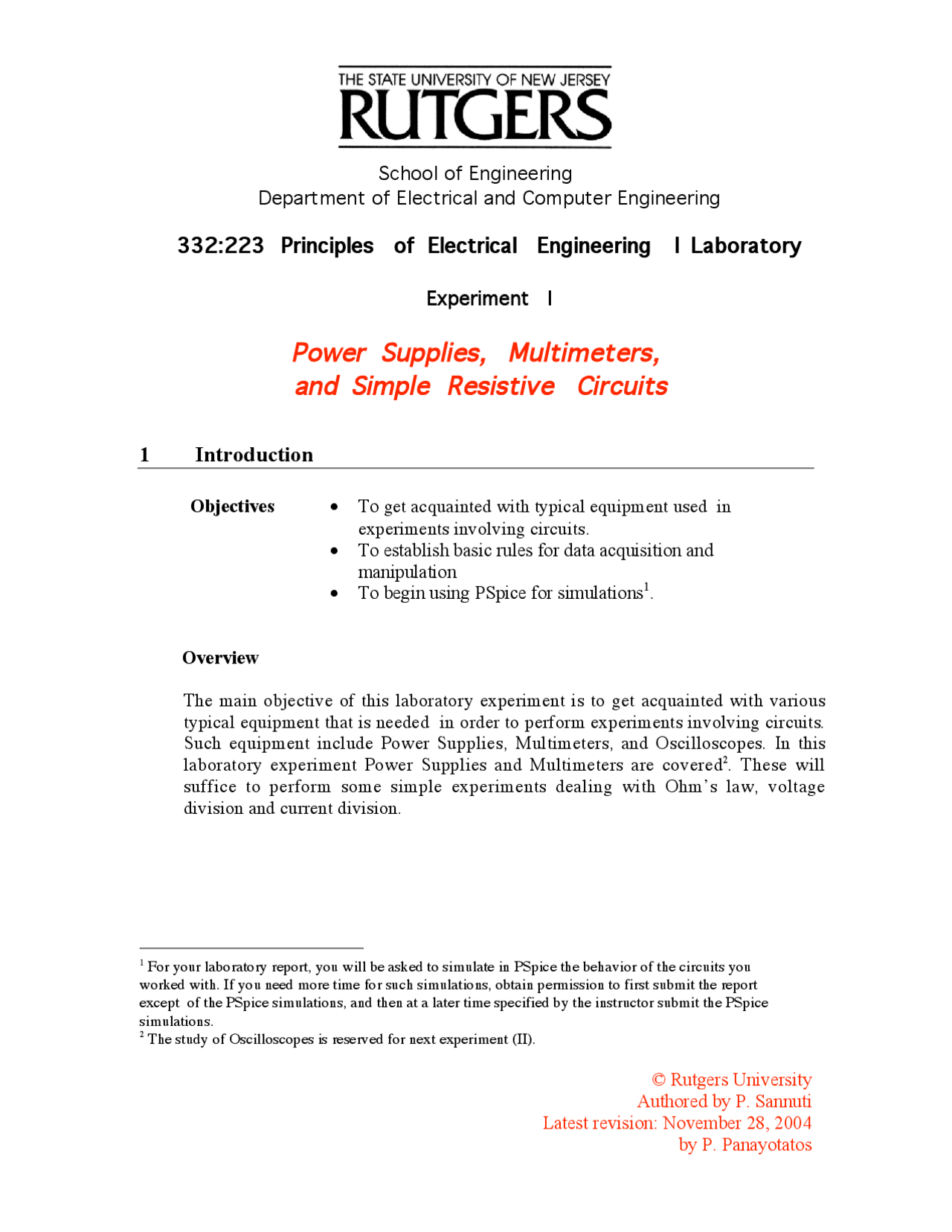 Principles of Electrical Engineering I: Power Supplies, Multimeters, and Simple Resistive ...