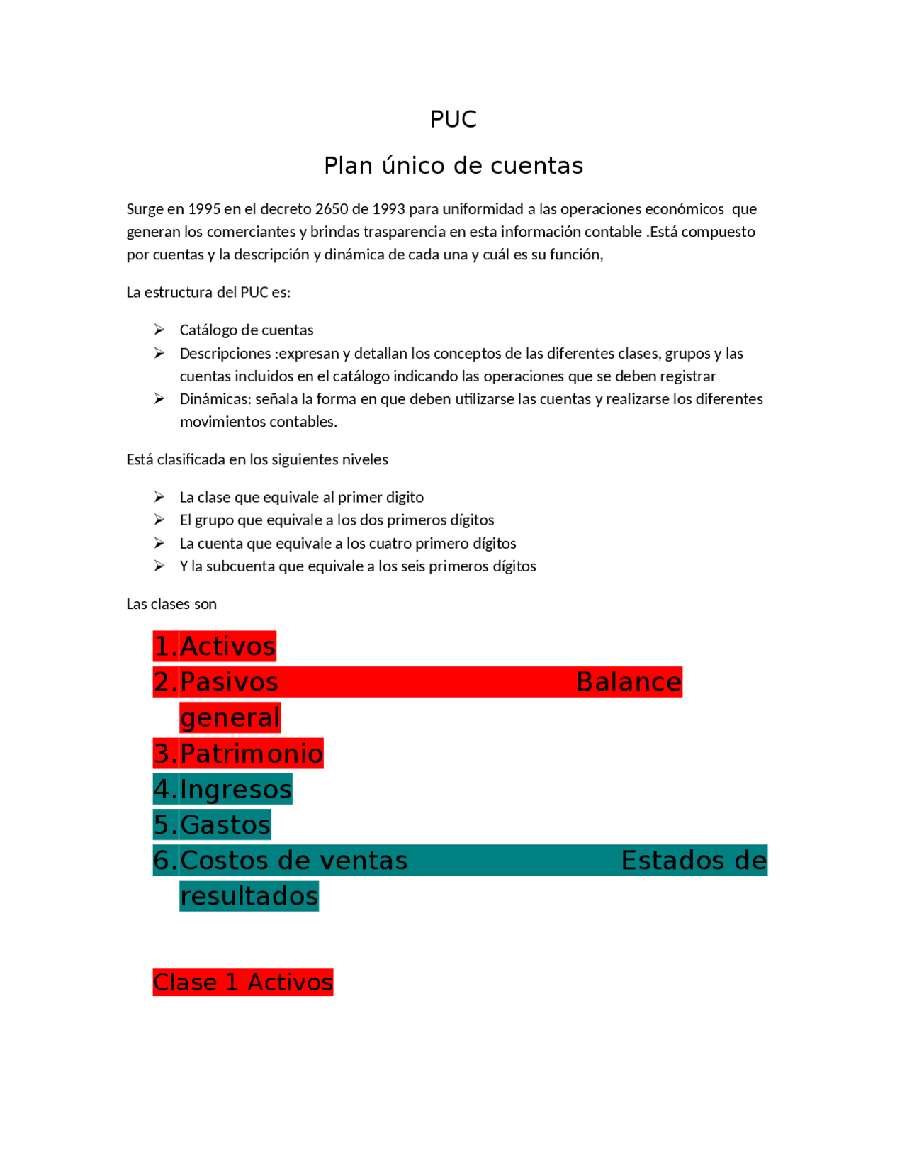Plan unico de cuentas PUC | Notes de Mercatique | Docsity
