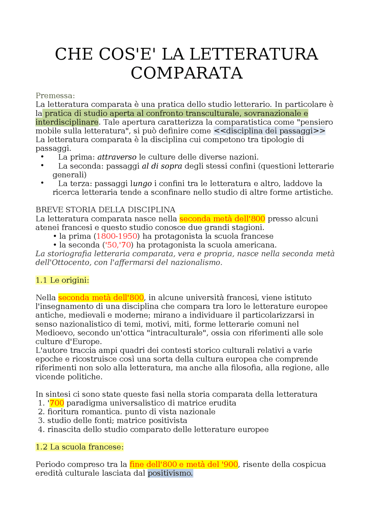 RIASSUNTI CRITICA LETTERARIA E LETTERATURE COMPARATE. - Docsity