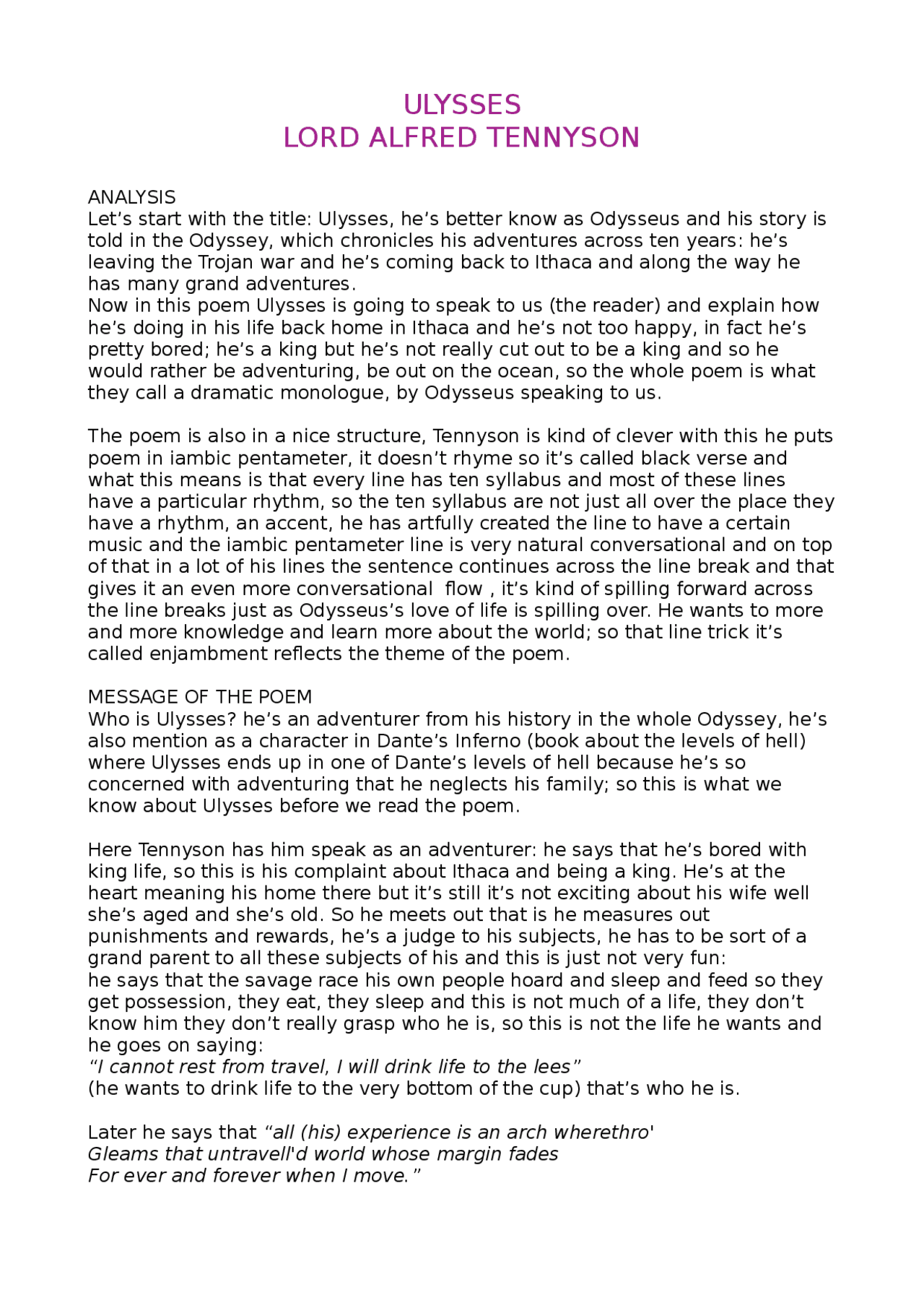 Lord Alfred Tennyson - Ulysses - Docsity