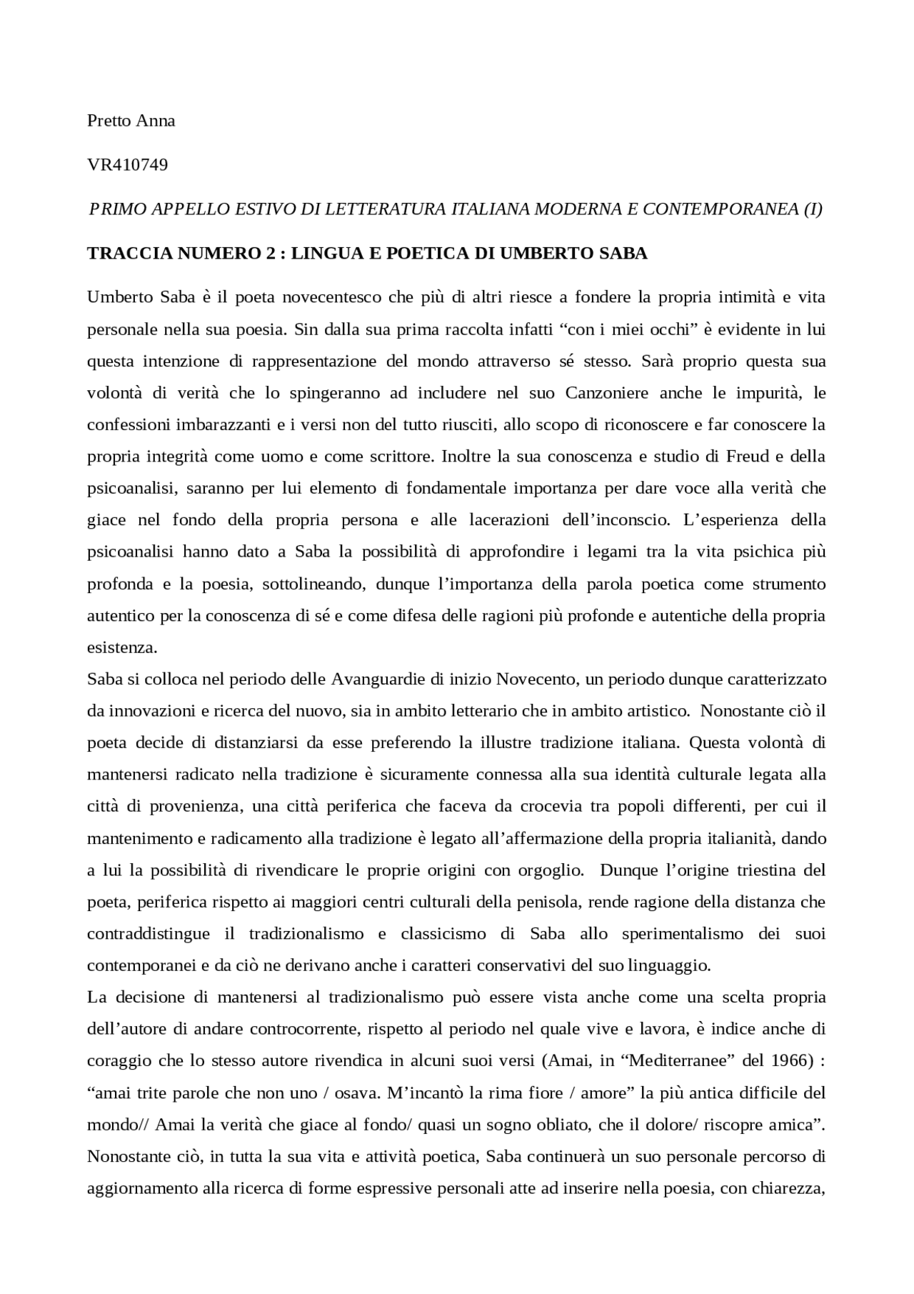 Analisi Modalità Di Scrittura Di Saba Docsity