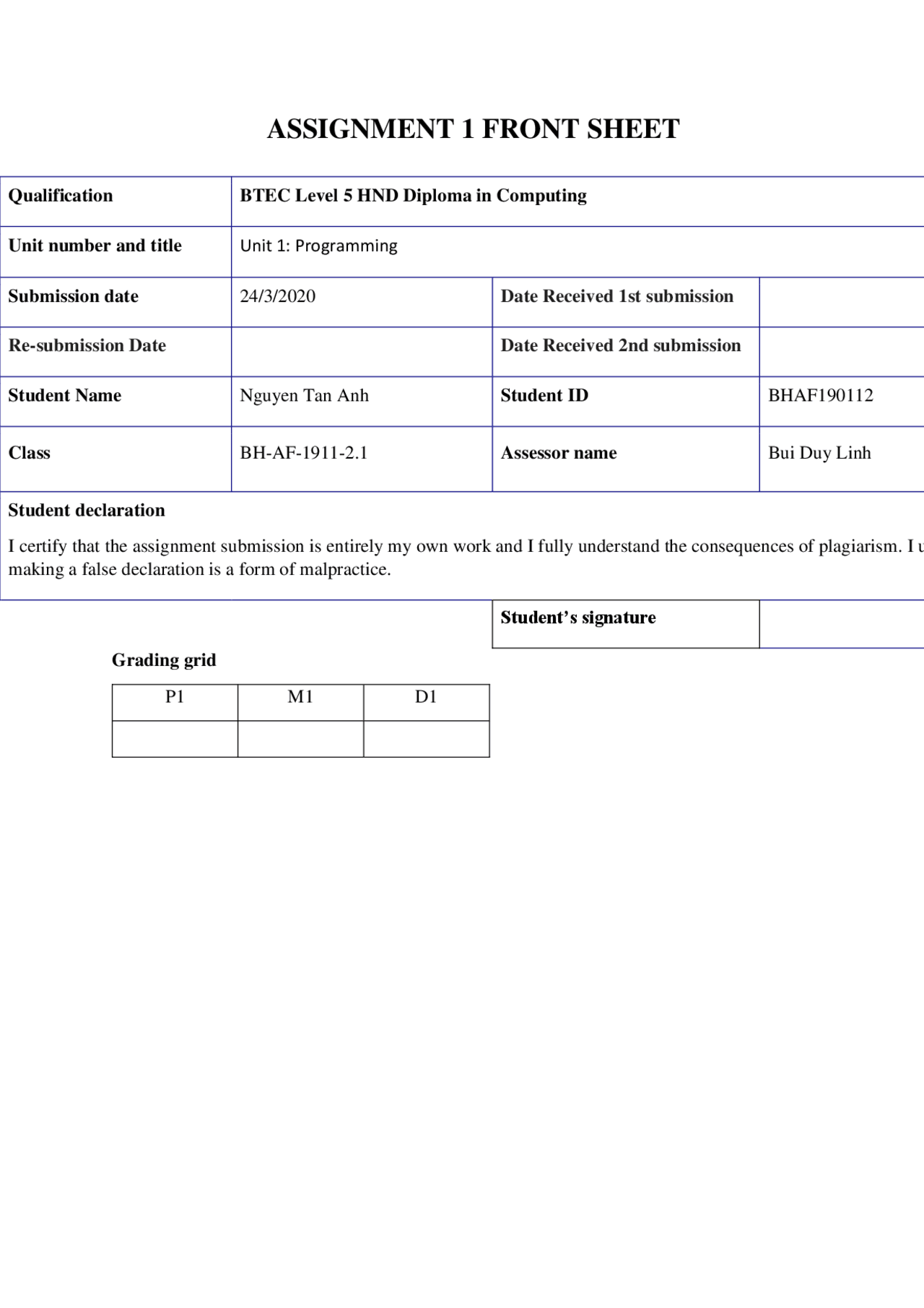 Assigment 1 Programming Docsity