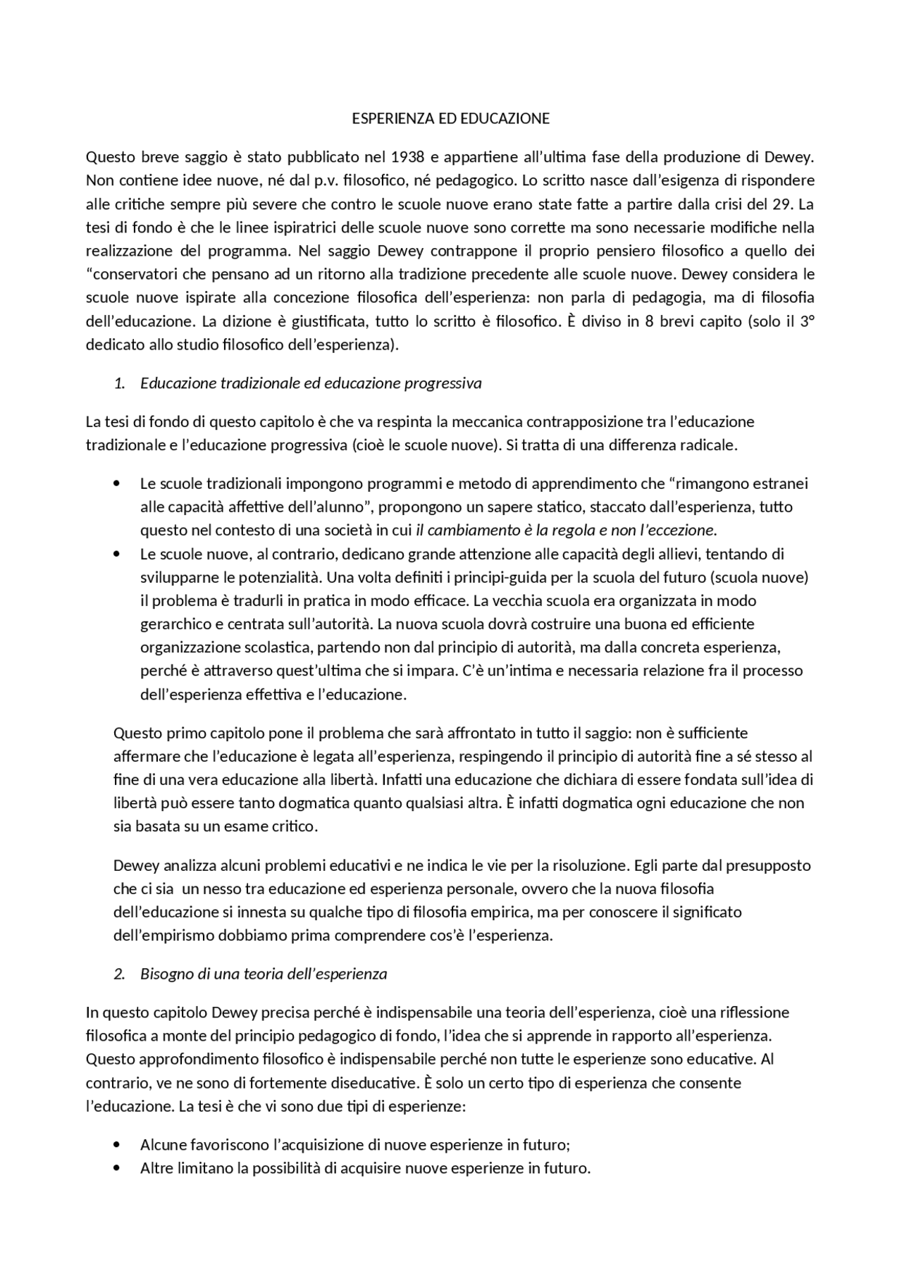 Riassunto Esperienza E Educazione Docsity