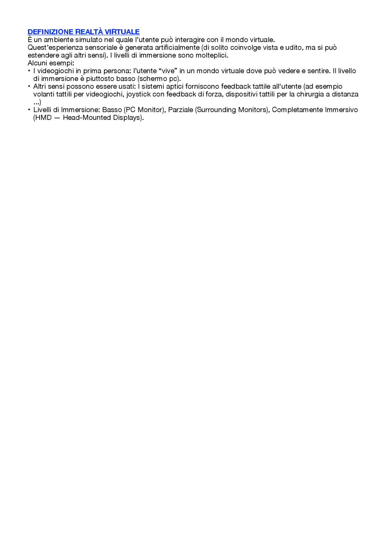 Definizione Realtà Virtuale Docsity