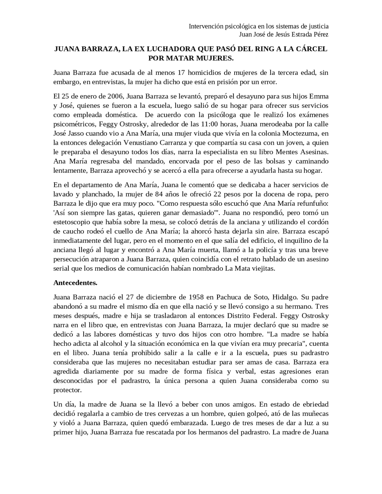 Análisis sobre Juana Barraza "La mata viejitas" - Docsity