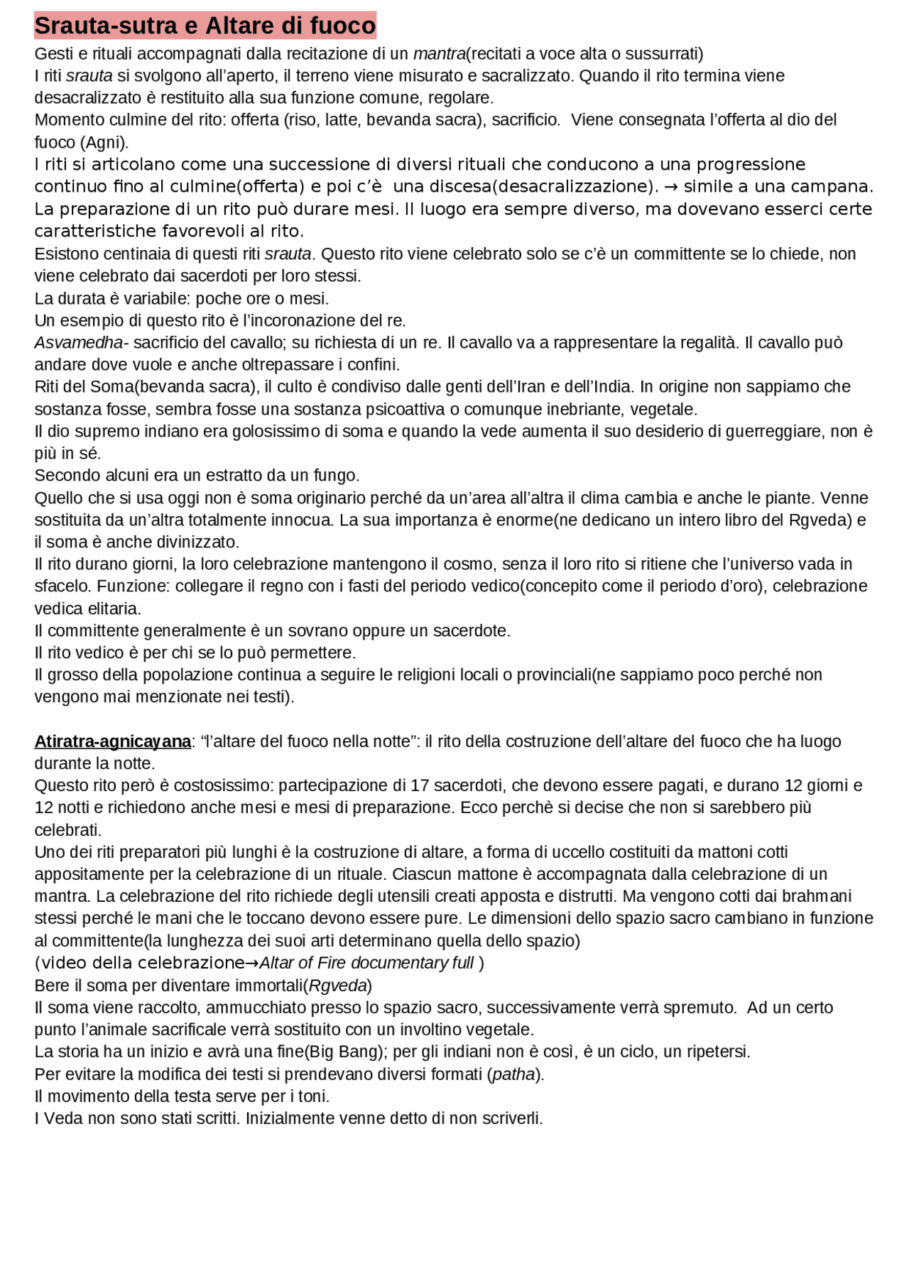 Altare del fuoco e riti; Shrauta sutra - Docsity