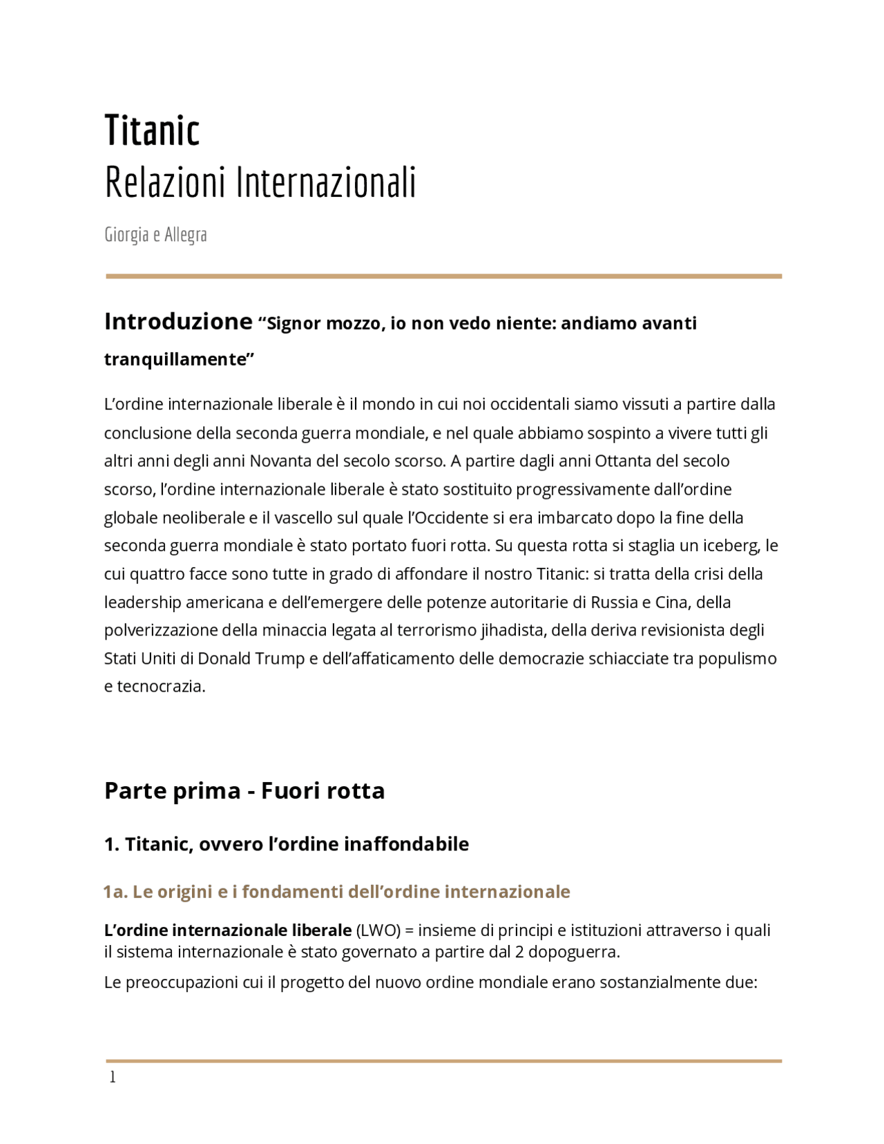 Riassunto capitolo per capitolo Titanic, Parsi - Docsity