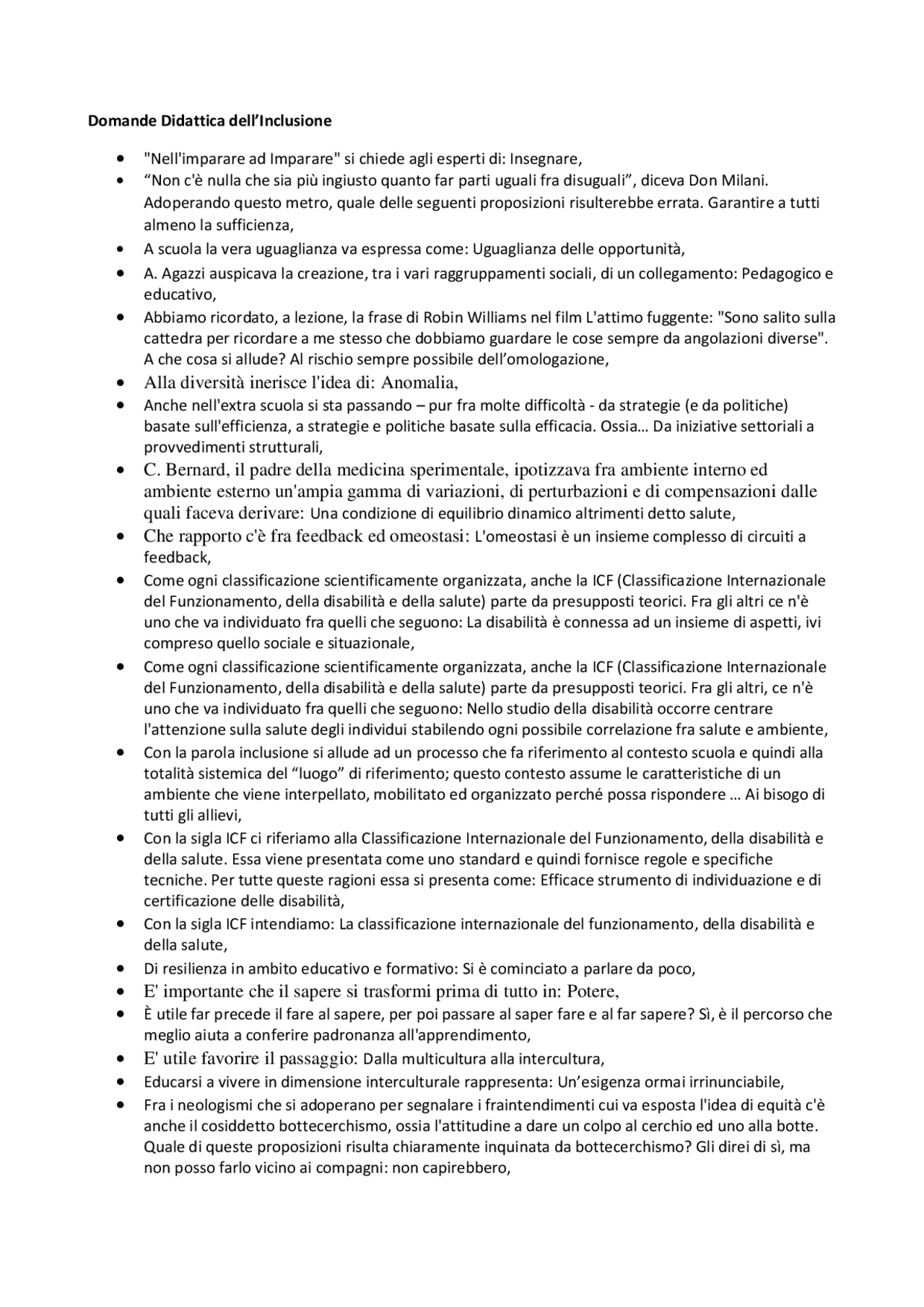 Domande Didattica Dellinclusione Pegaso 2020 Docsity
