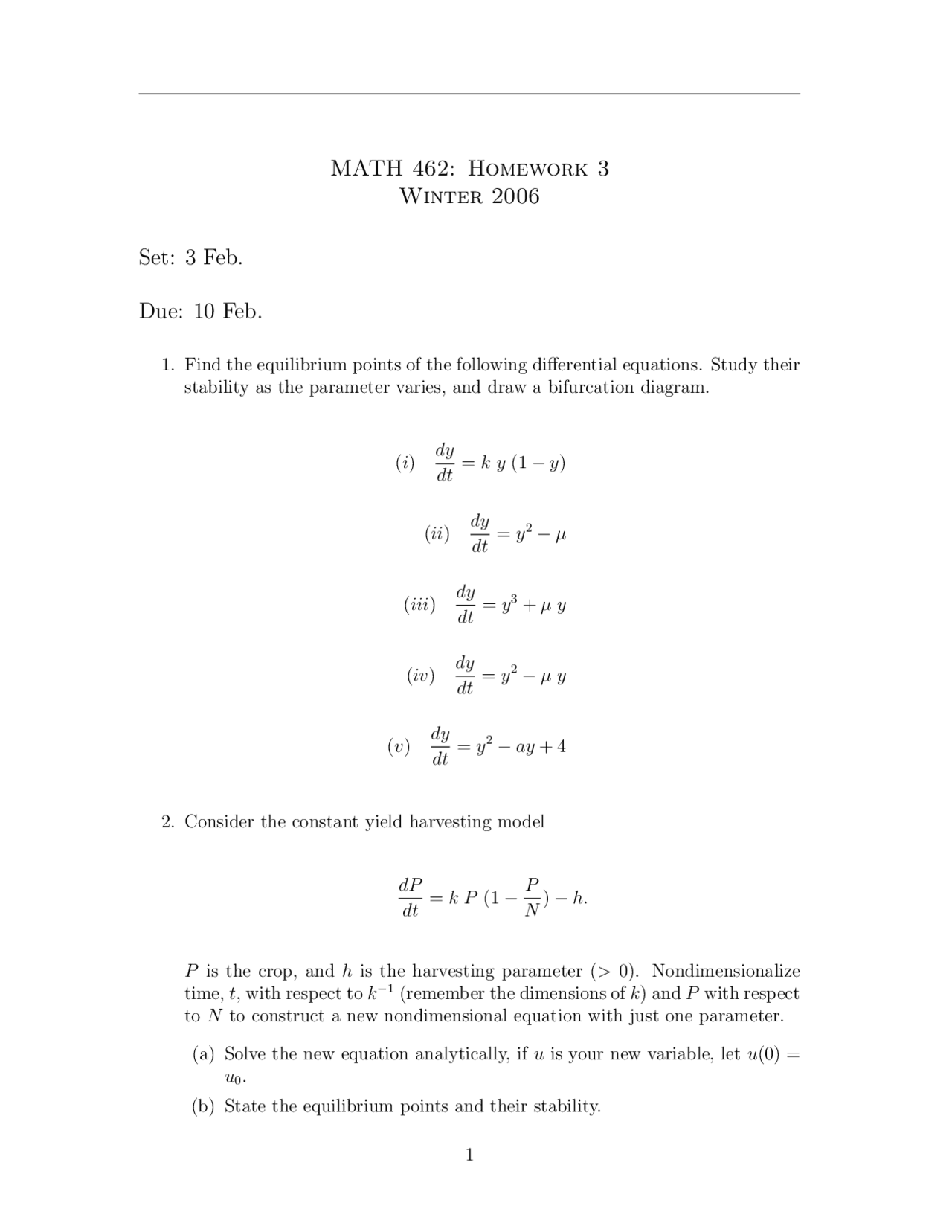 Math Models Homework 3 Differential Equations Math 462 Docsity