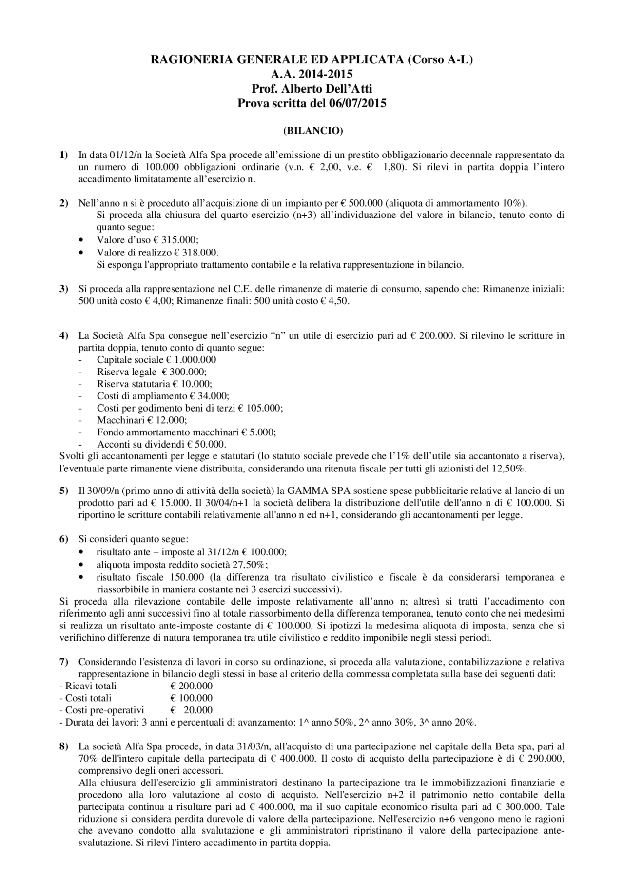 Prova Ragioneria Generale E Applicata Docsity