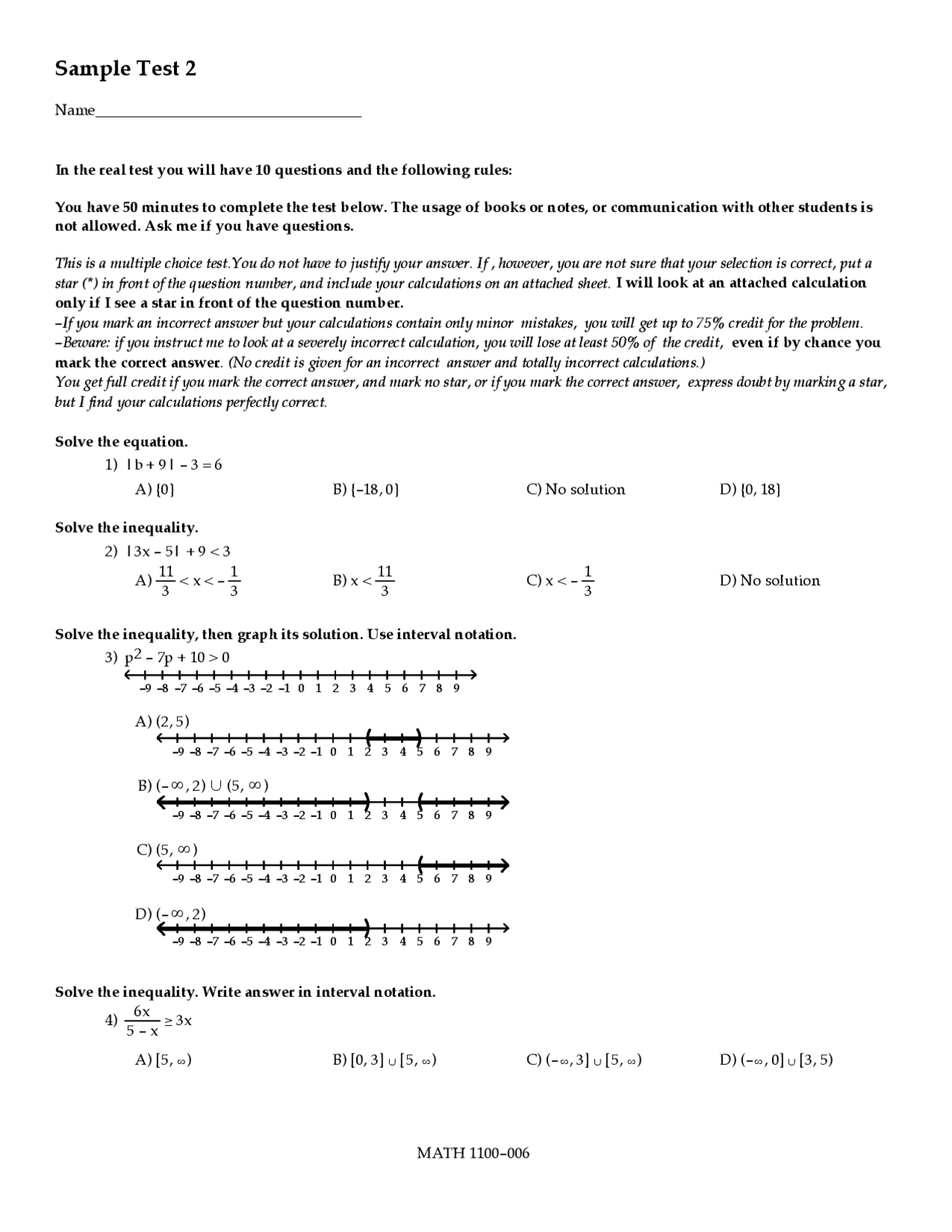 Sample Test 2: Mathematics (equations) | - Docsity