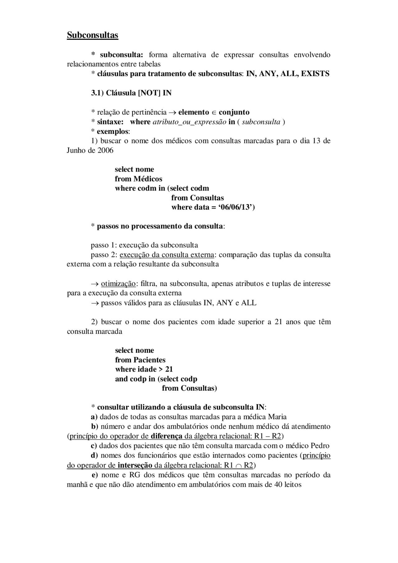 Resumo SQL Subconsultas - Banco de dados - Docsity