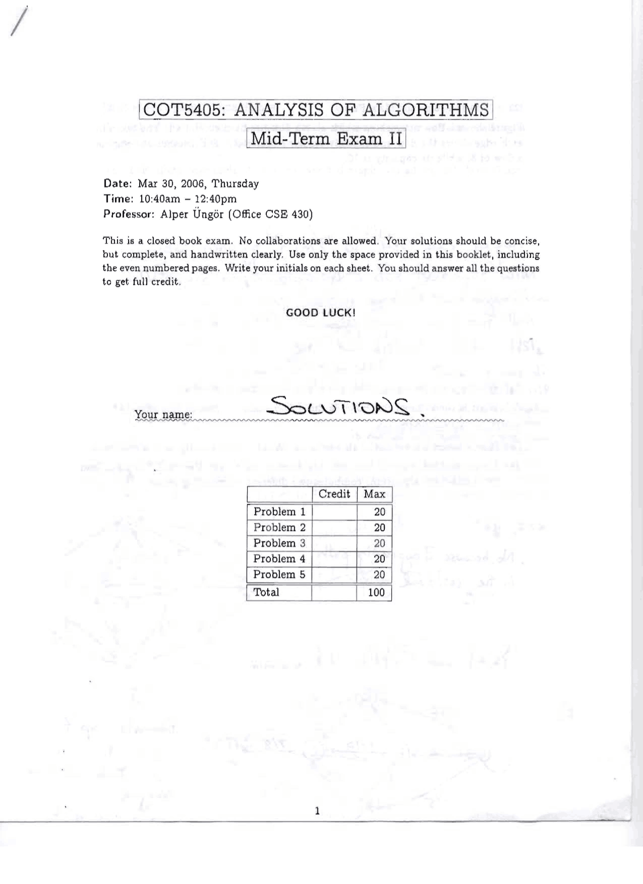 Analysis Of Algorithms Mid Term Exam Iii Cot 5405 Docsity
