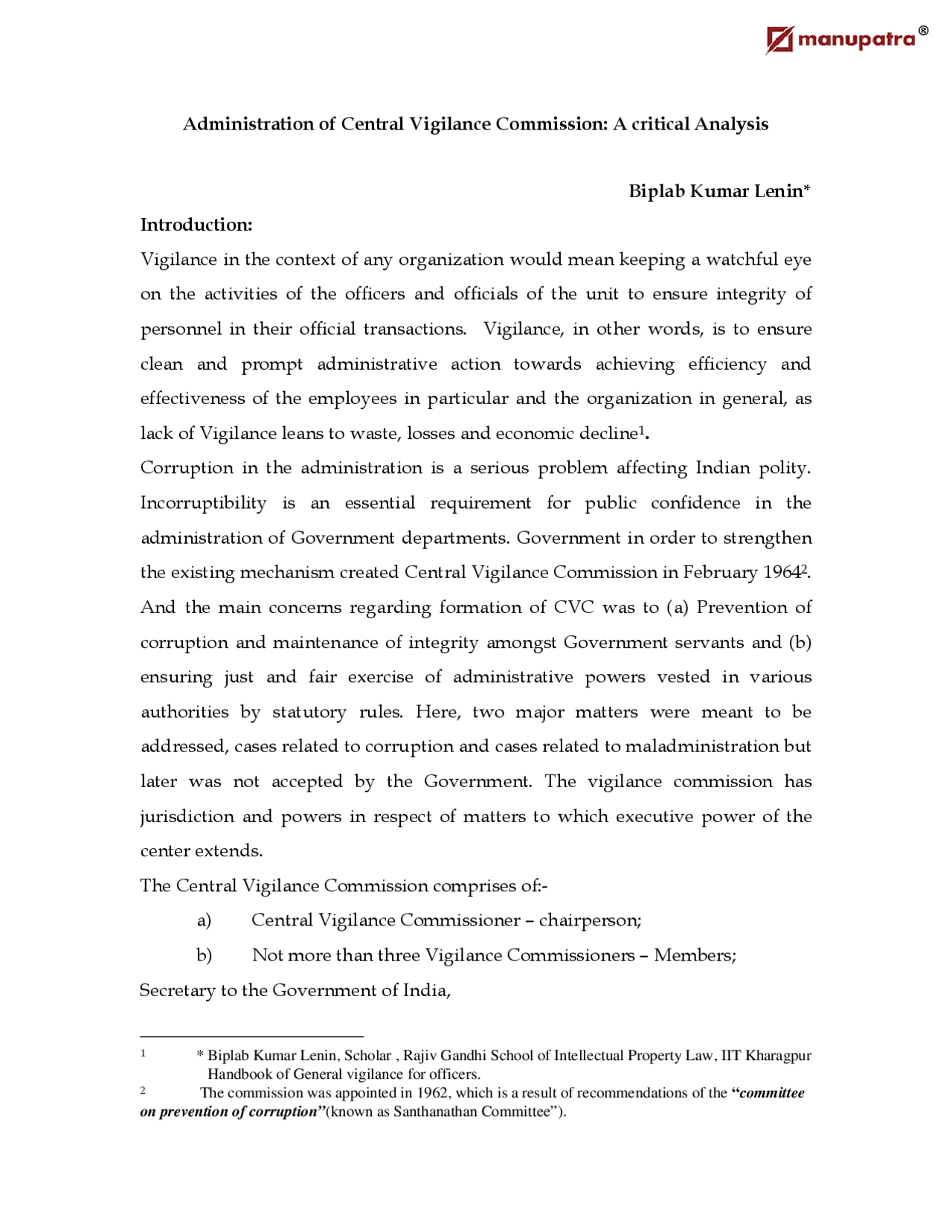 Constitution of Central Vigilance Commission and its functions and ...