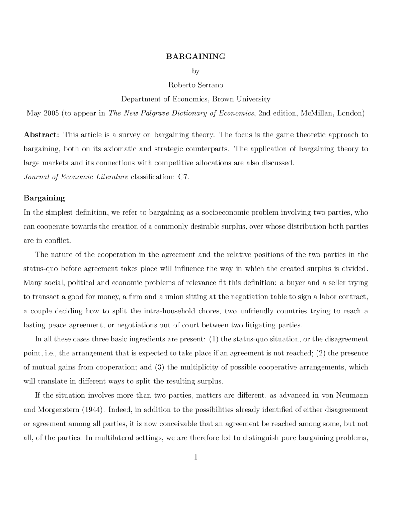 Bargaining theory: Economics | CLASSIC 0153I - Docsity