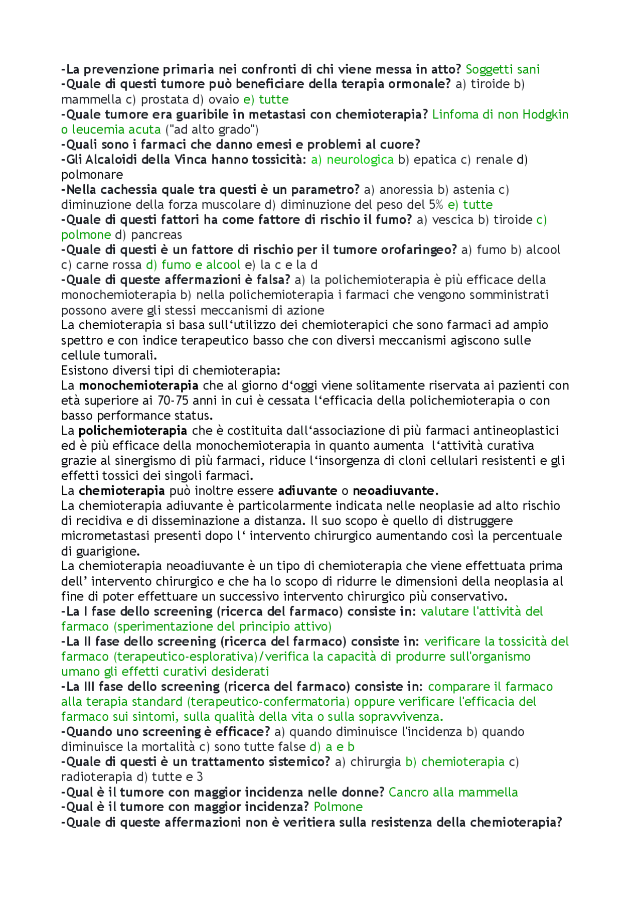 Domande Esame Elementi Di Oncologia Docsity