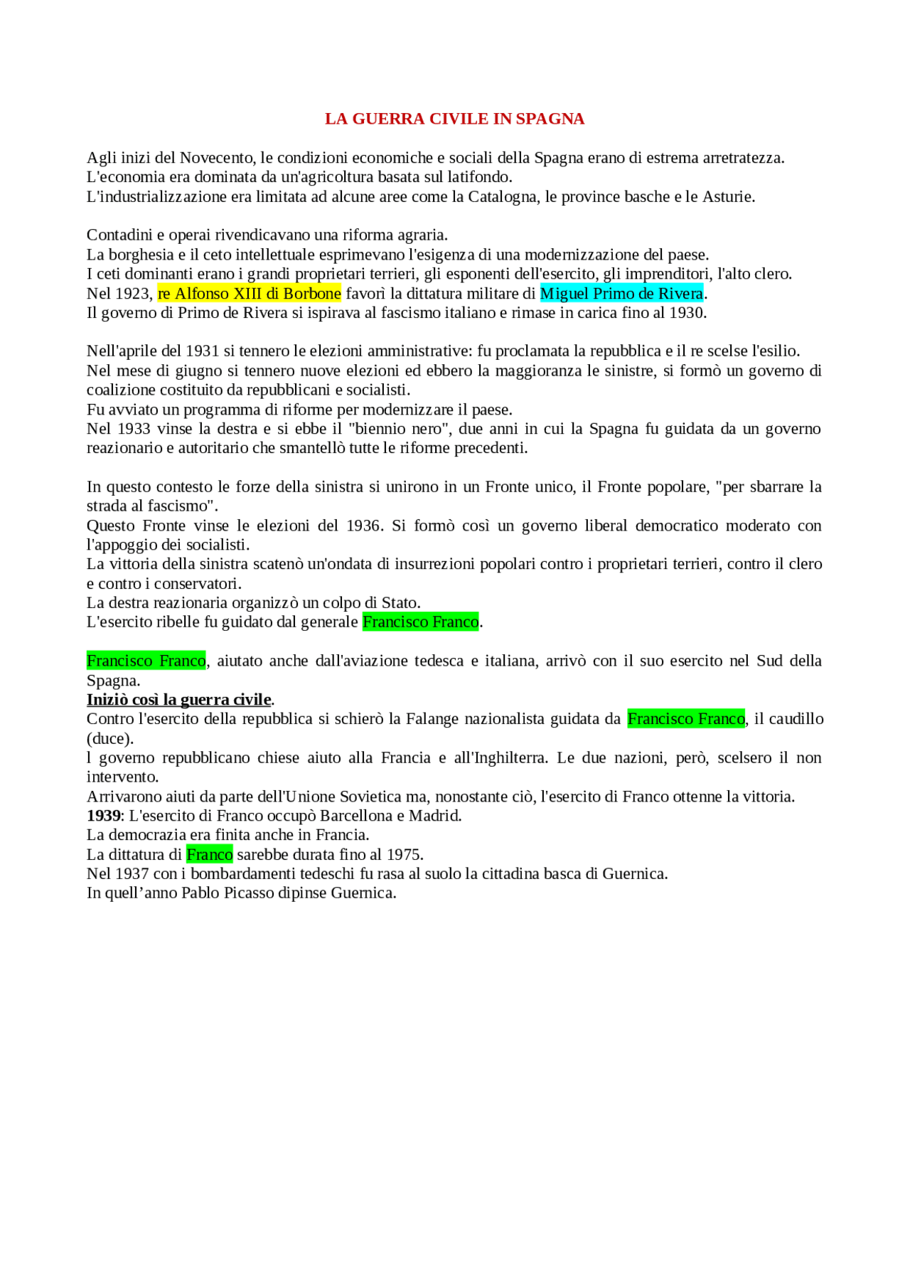 Guerra Civile In Spagna Riassunto Docsity