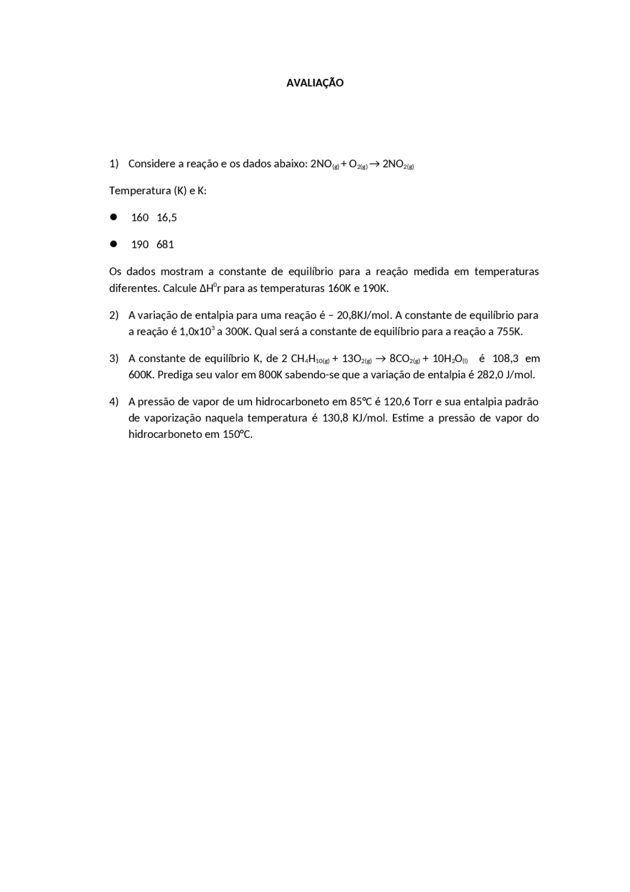 Exercícios De Físico Química 2 Docsity