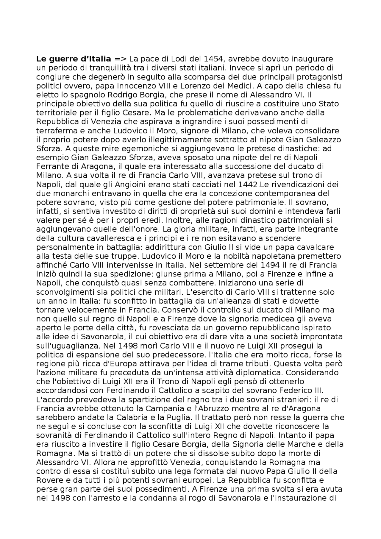 Le guerre d’Italia - La pace di Lodi del 1454 - Docsity