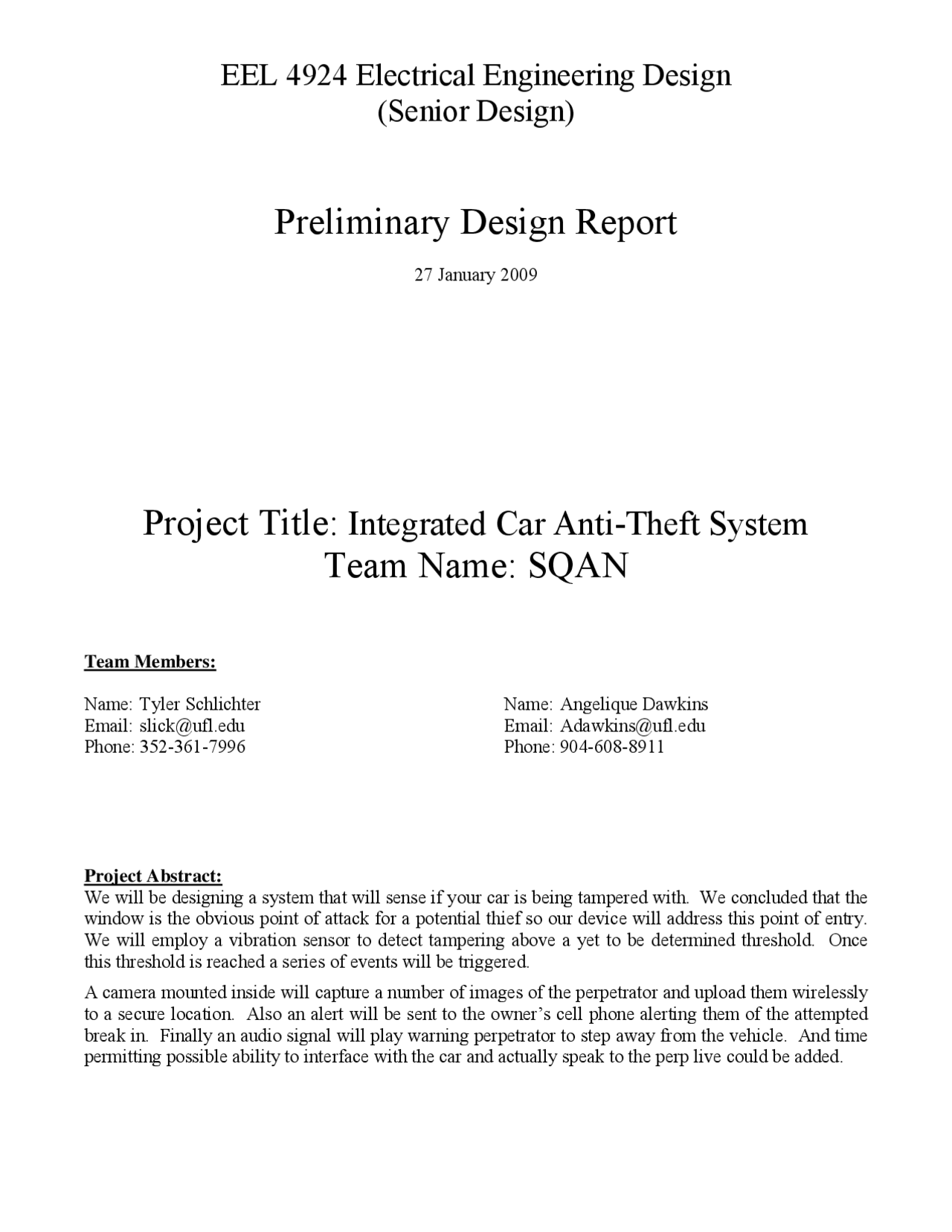 Preliminary Design Report: Integrated Car Anti-Theft System | - Docsity