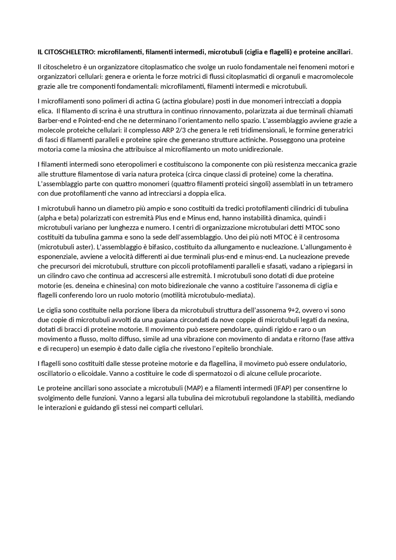 Riassunto Citoscheletro E Componenti Docsity
