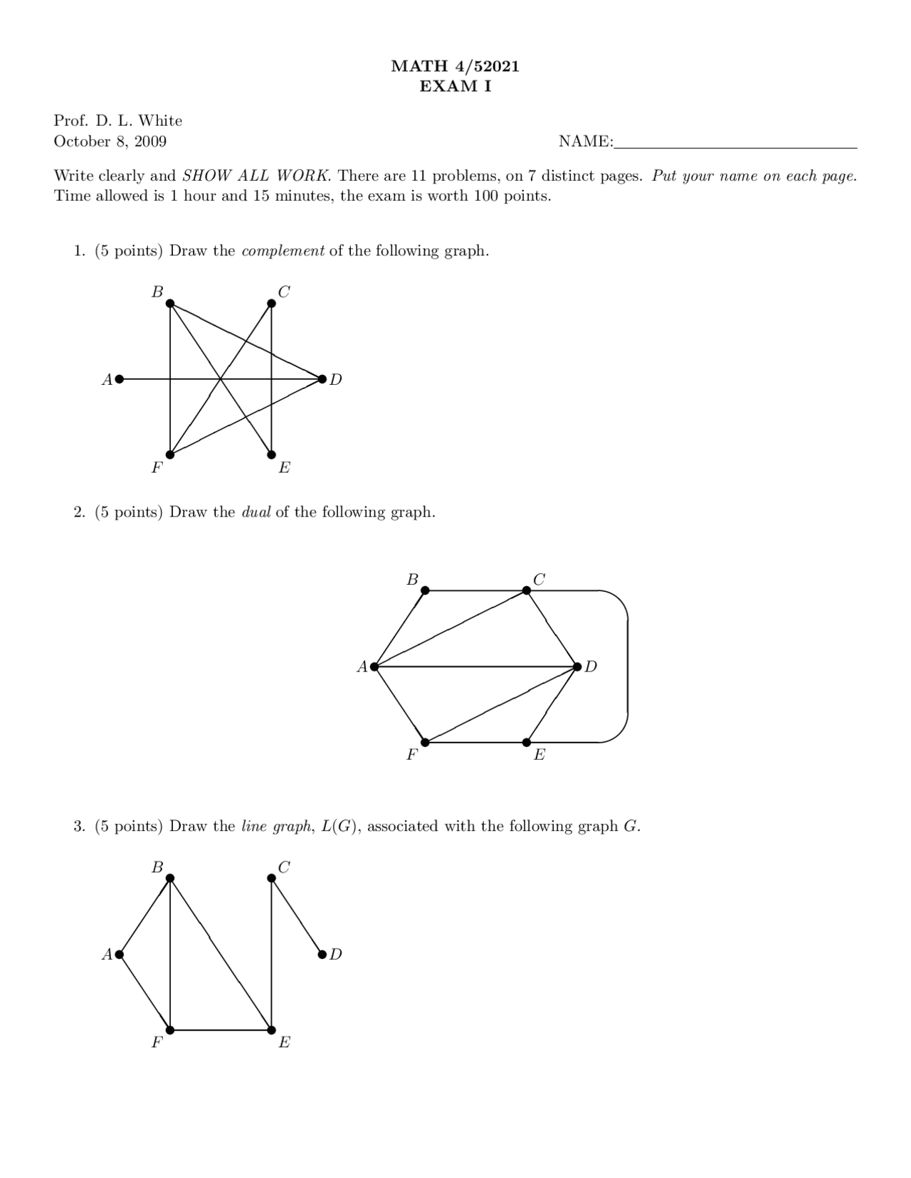Graphs Exam 1 11 Problems To Solve Math 42021 Docsity