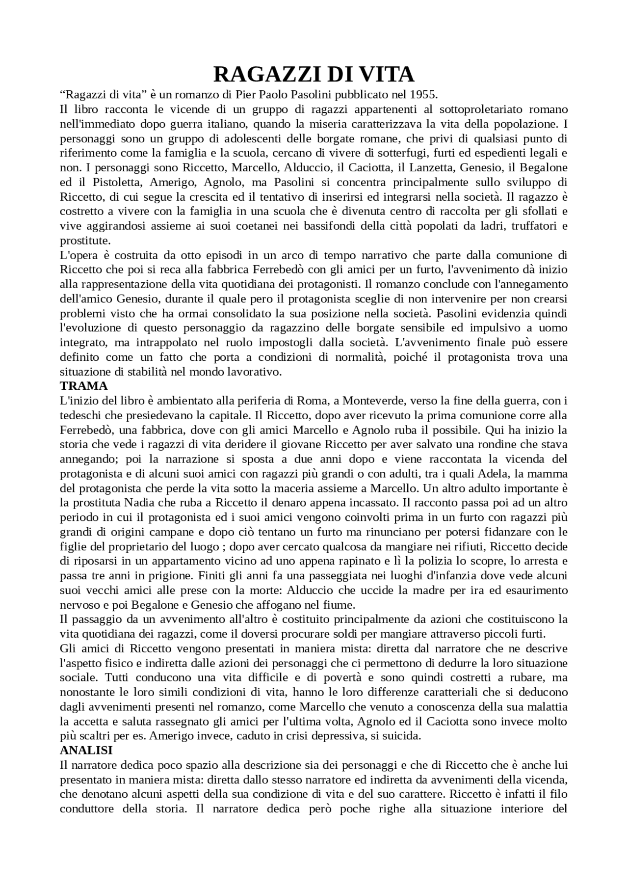 Ragazzi Di Vita Pasolini Docsity