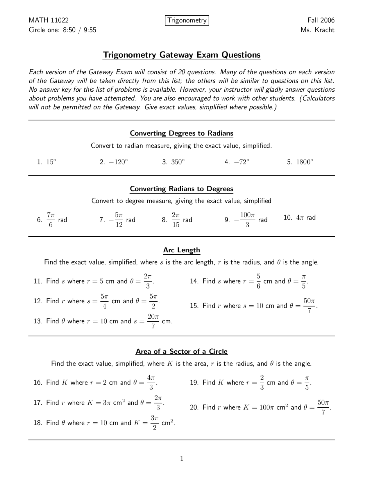 Trigonometry Gateway Exam Questions | MATH 11022 - Docsity