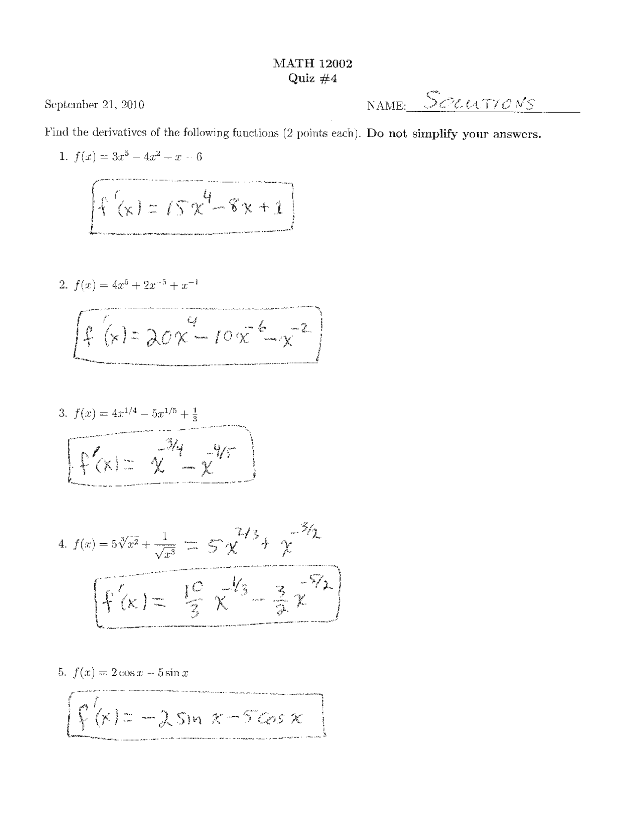 Solutions to Derivatives Quiz 4: Five Fonctions | MATH 12002 | Exams ...