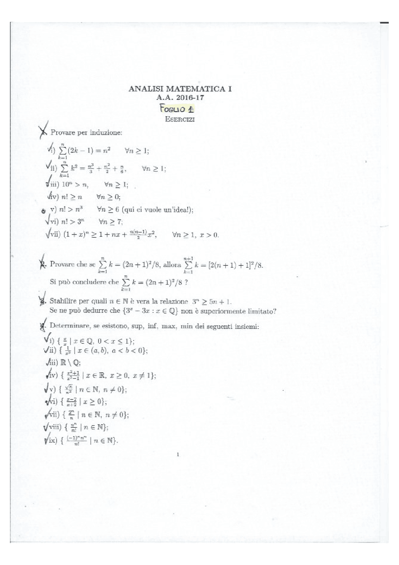 Esercizi svolti sull'induzione, sup inf,max,min Analisi 1 - Docsity