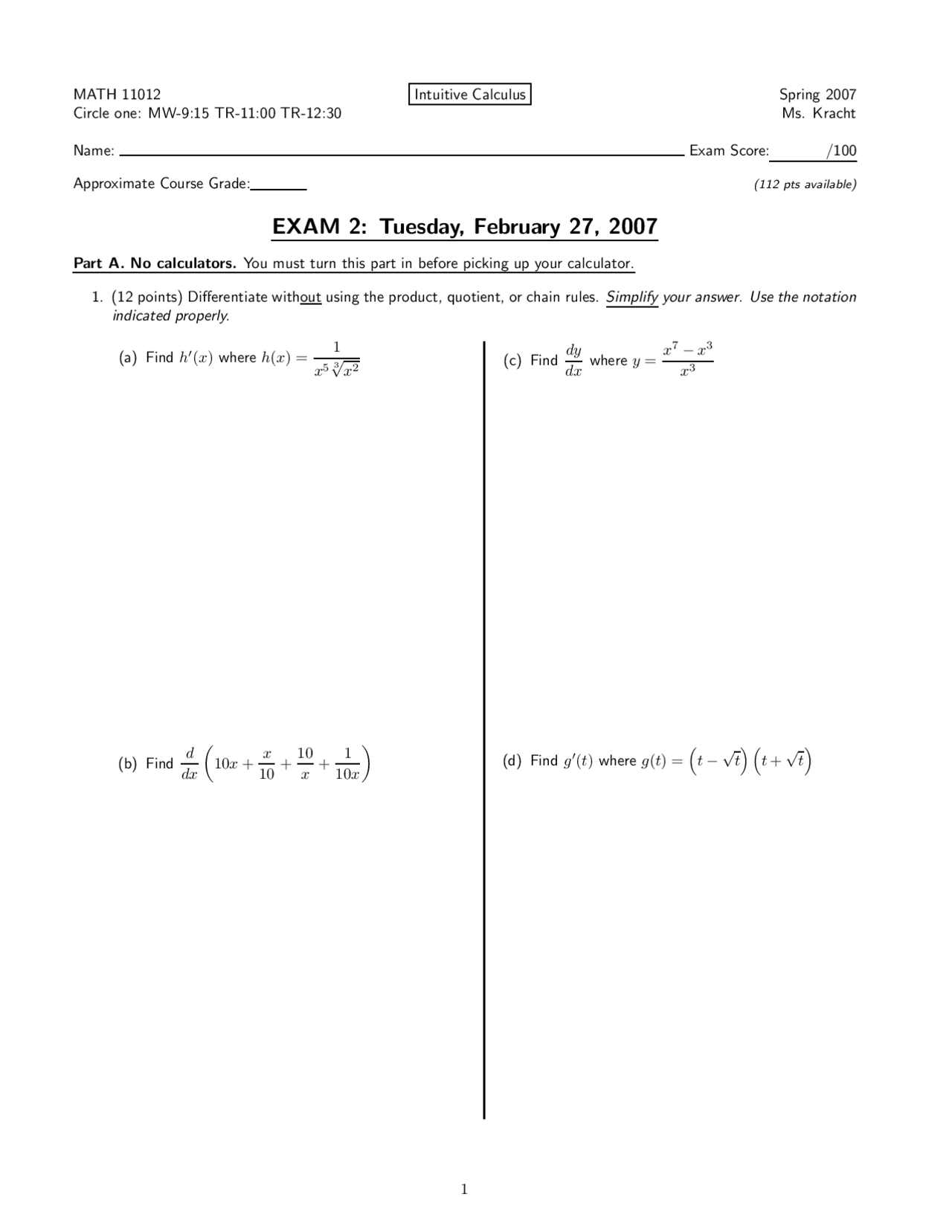 Intuitive Calculus Exam 2 with 10 Questions to Solve | MATH 11012 ...