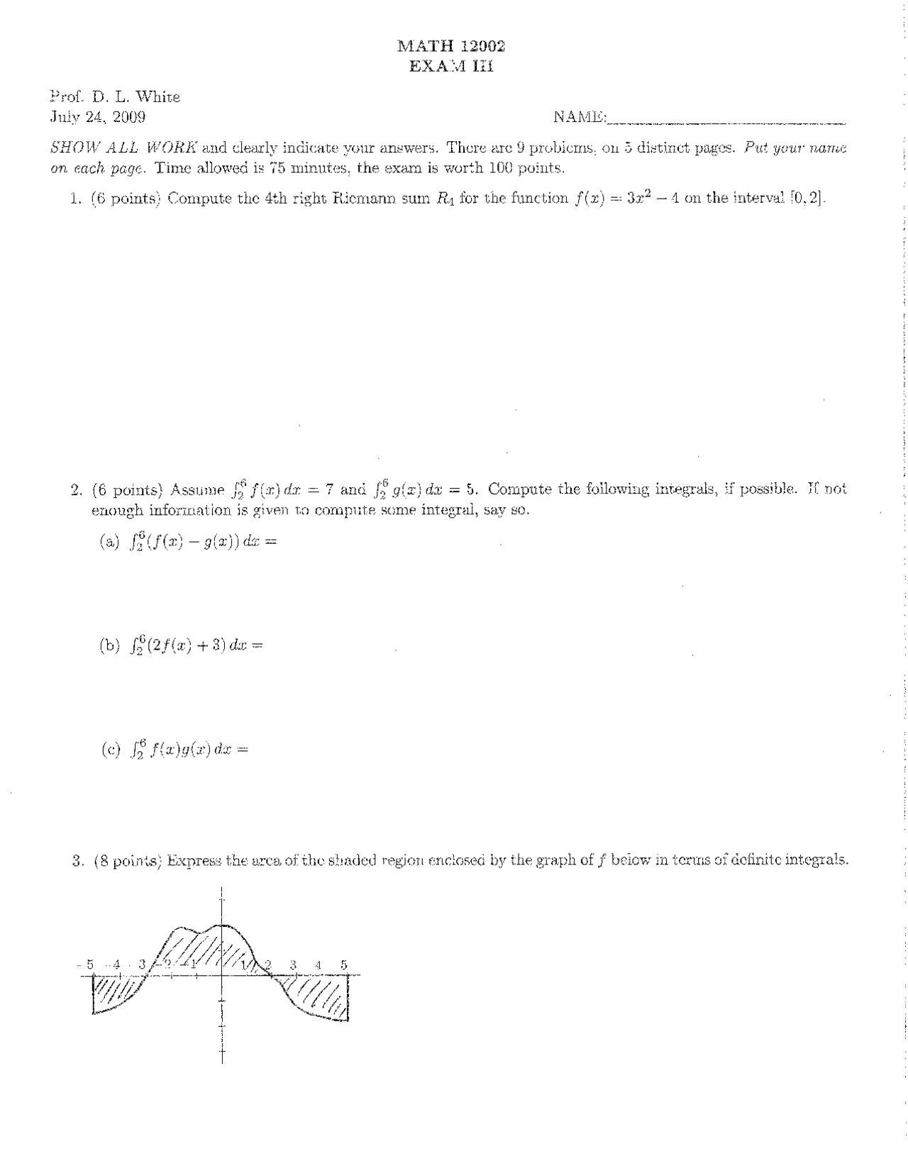 Integrals Exam 3 Nine Problems To Solve Math 12002 Docsity