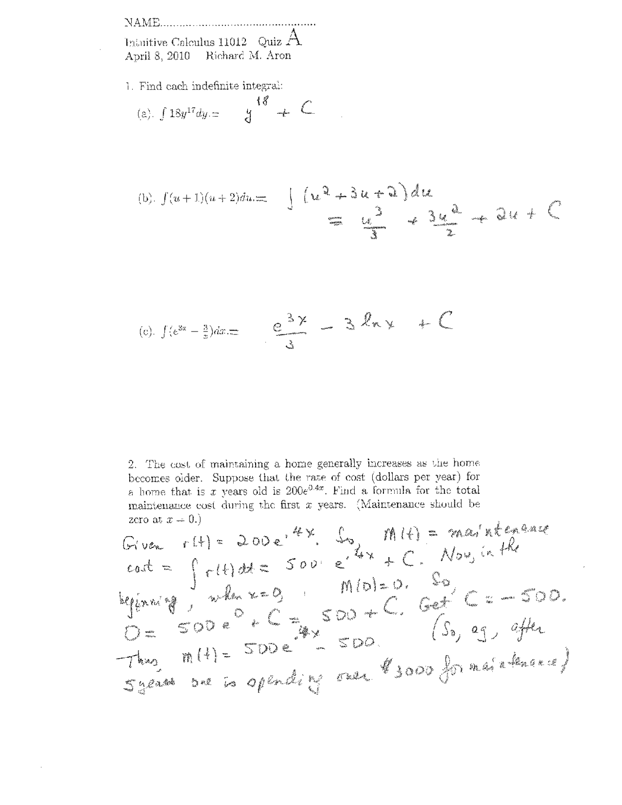 Quiz A On Indefinite Integrals With Solutions Math 11012 Docsity