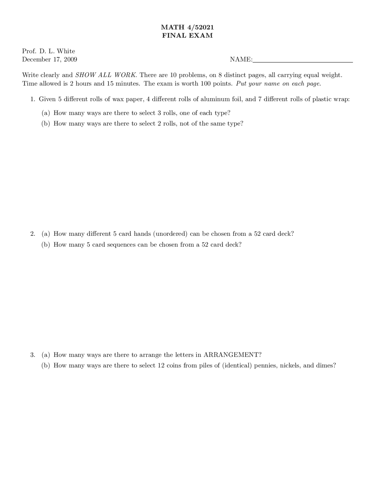 Linear Algebra Final Exam 10 Practice Problems Math 42021 Docsity