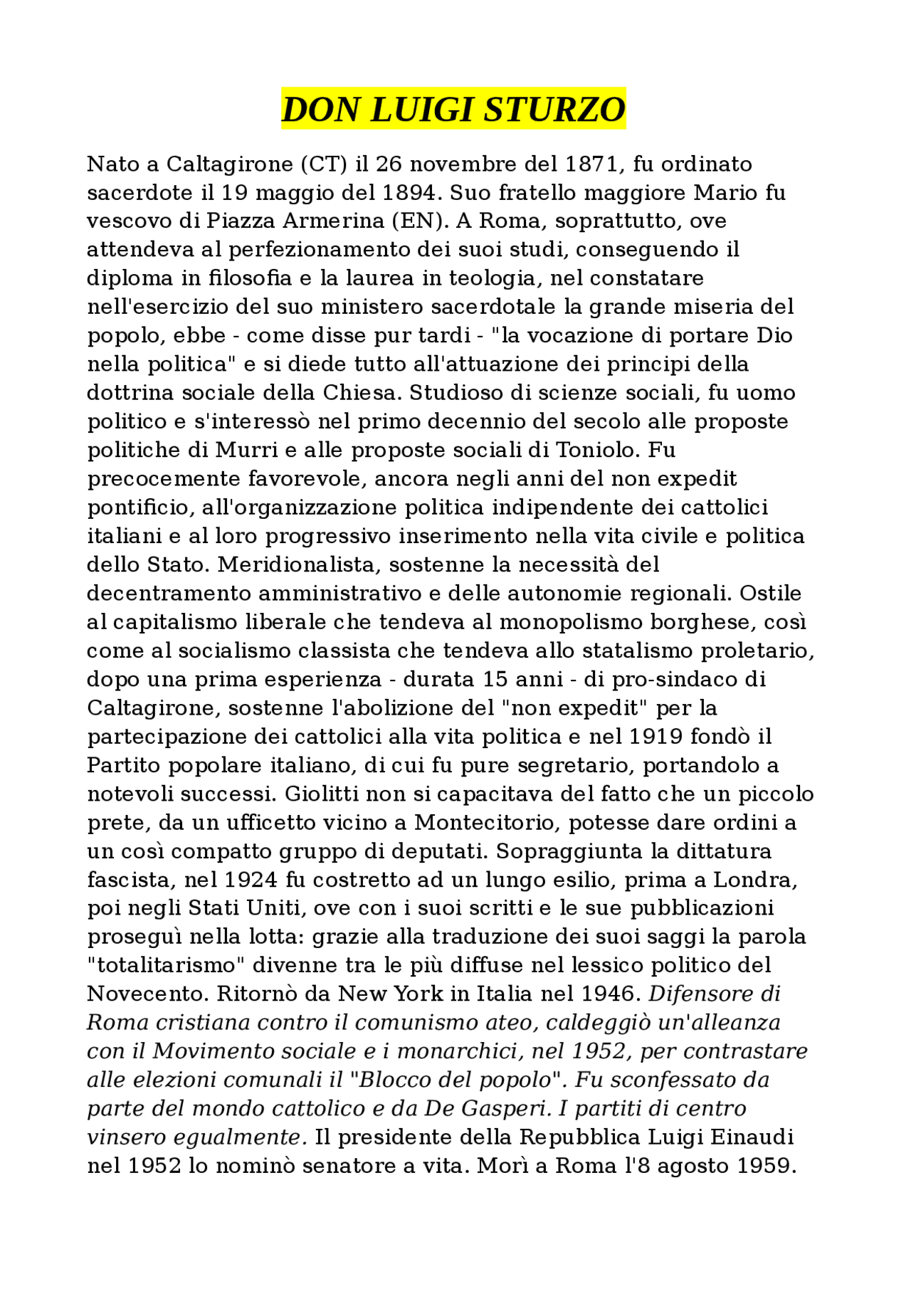 Don Luigi Sturzo File Docsity