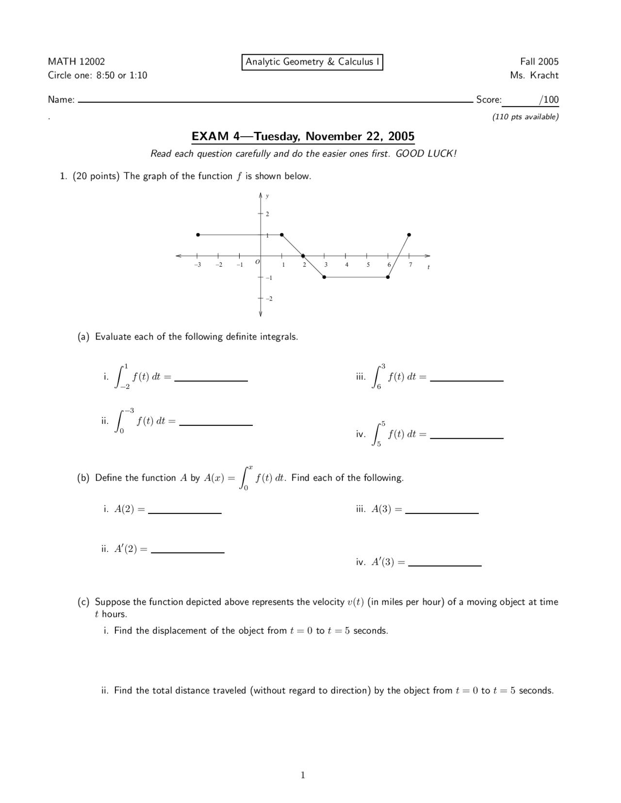 Analytic Geometry And Calculus I Exam 4 Nine Problems Math 12002 Docsity