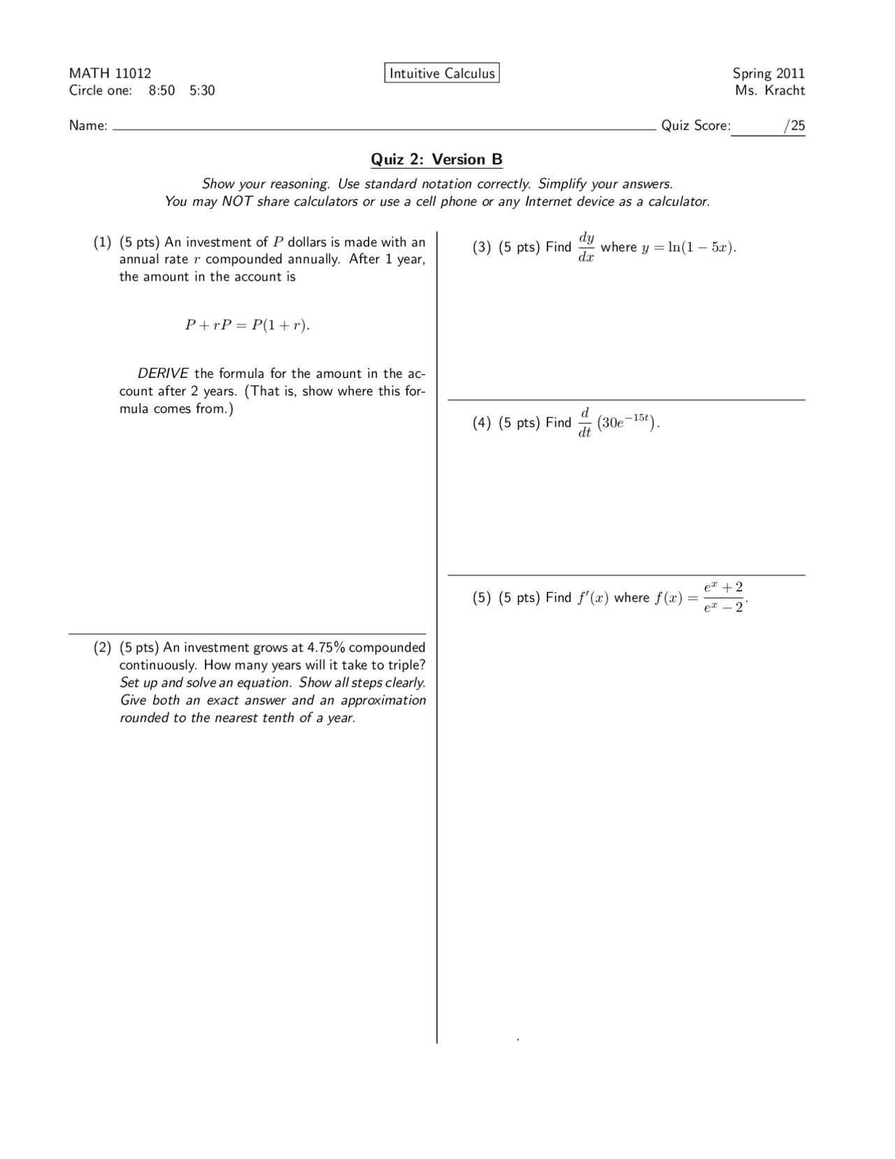Intuitive Calculus Quiz 2 Version B Questions With Solutions Math