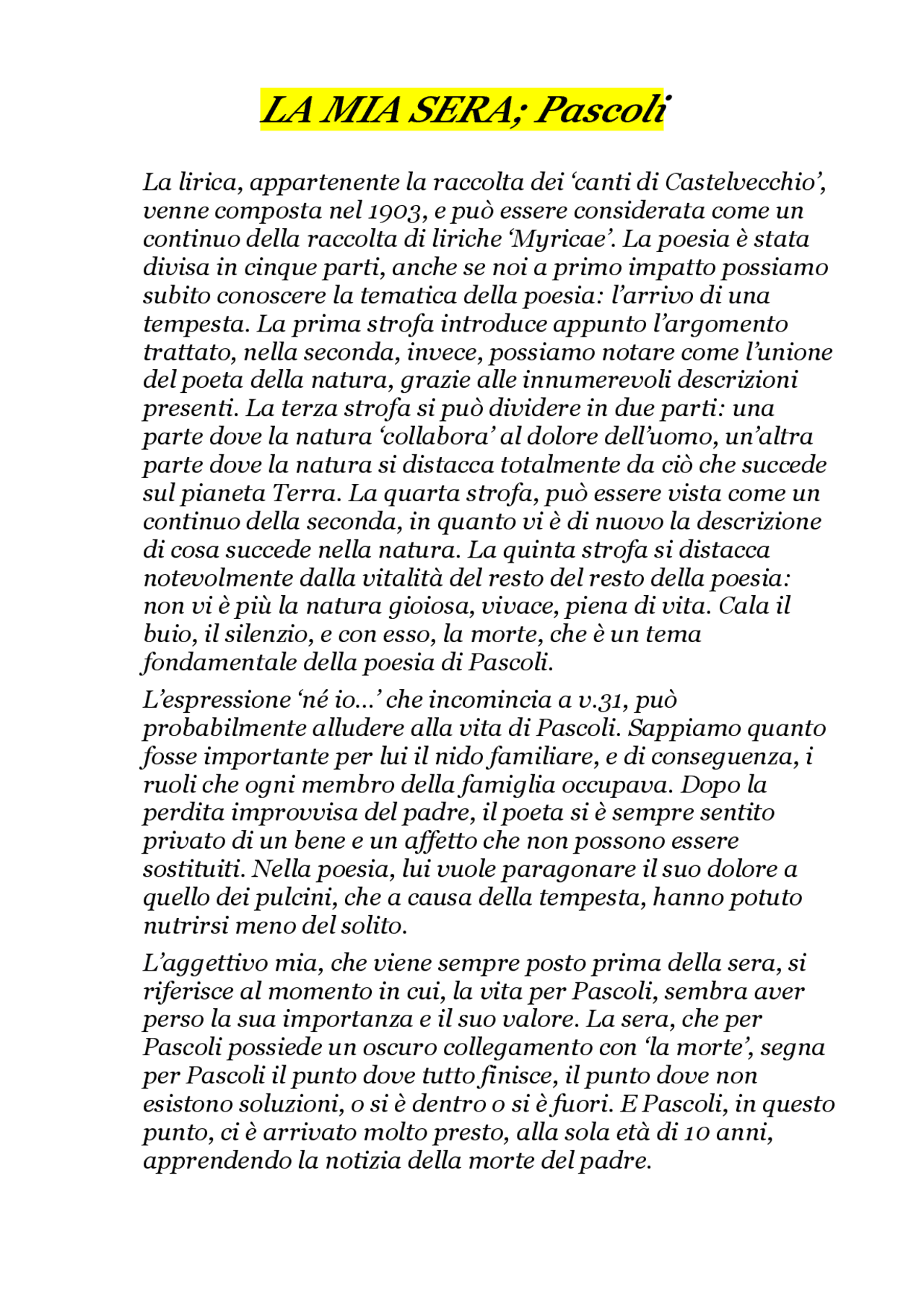 LA MIA SERA DI PASCOLI - Docsity