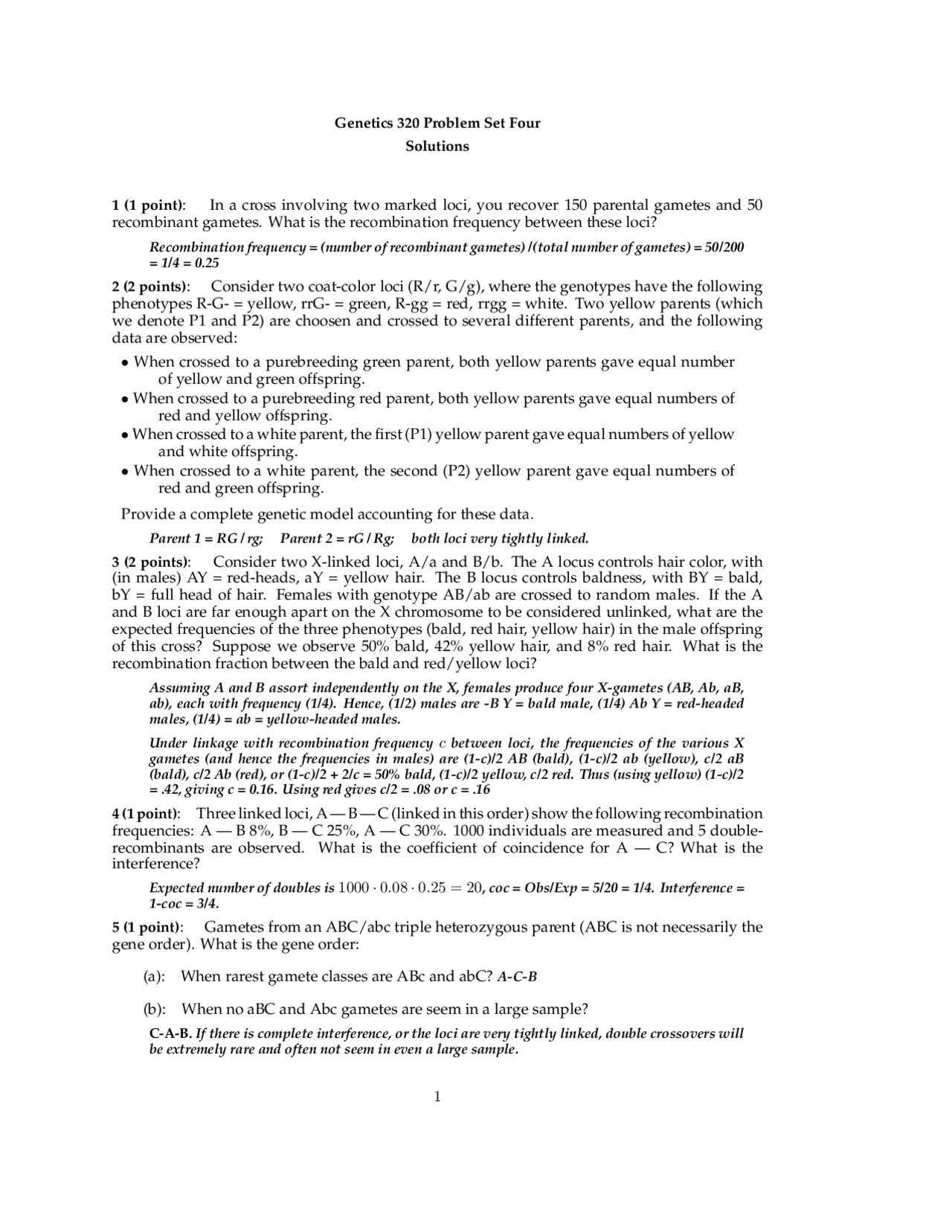 Genetics Problem Set Four With Solutions Ecol 320 Docsity
